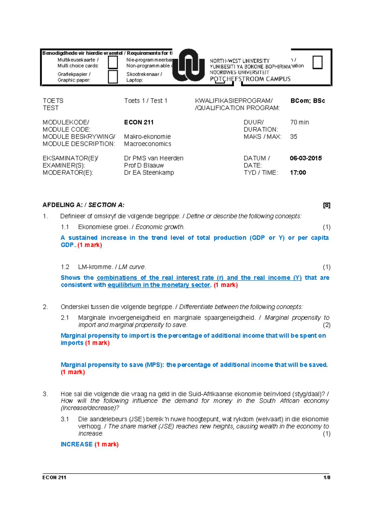 Toets 1 2015 MEMO - ECON 211 Macroeconomics Practice Guide - Studocu
