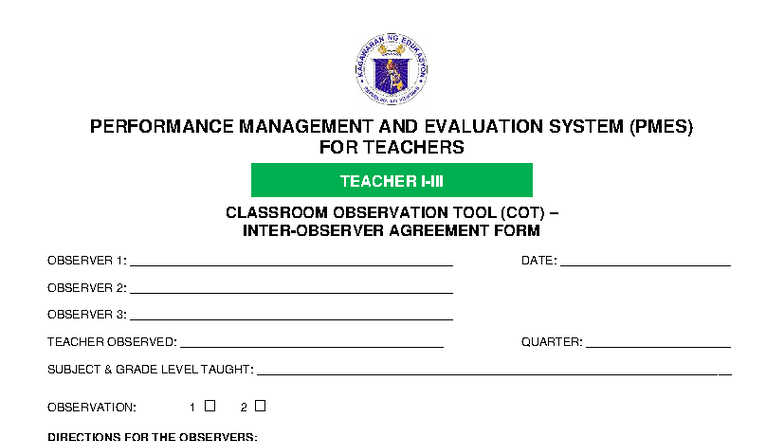 COT Inter-Observer Agreement Form for Proficient Teachers SY 2024-2025 ...