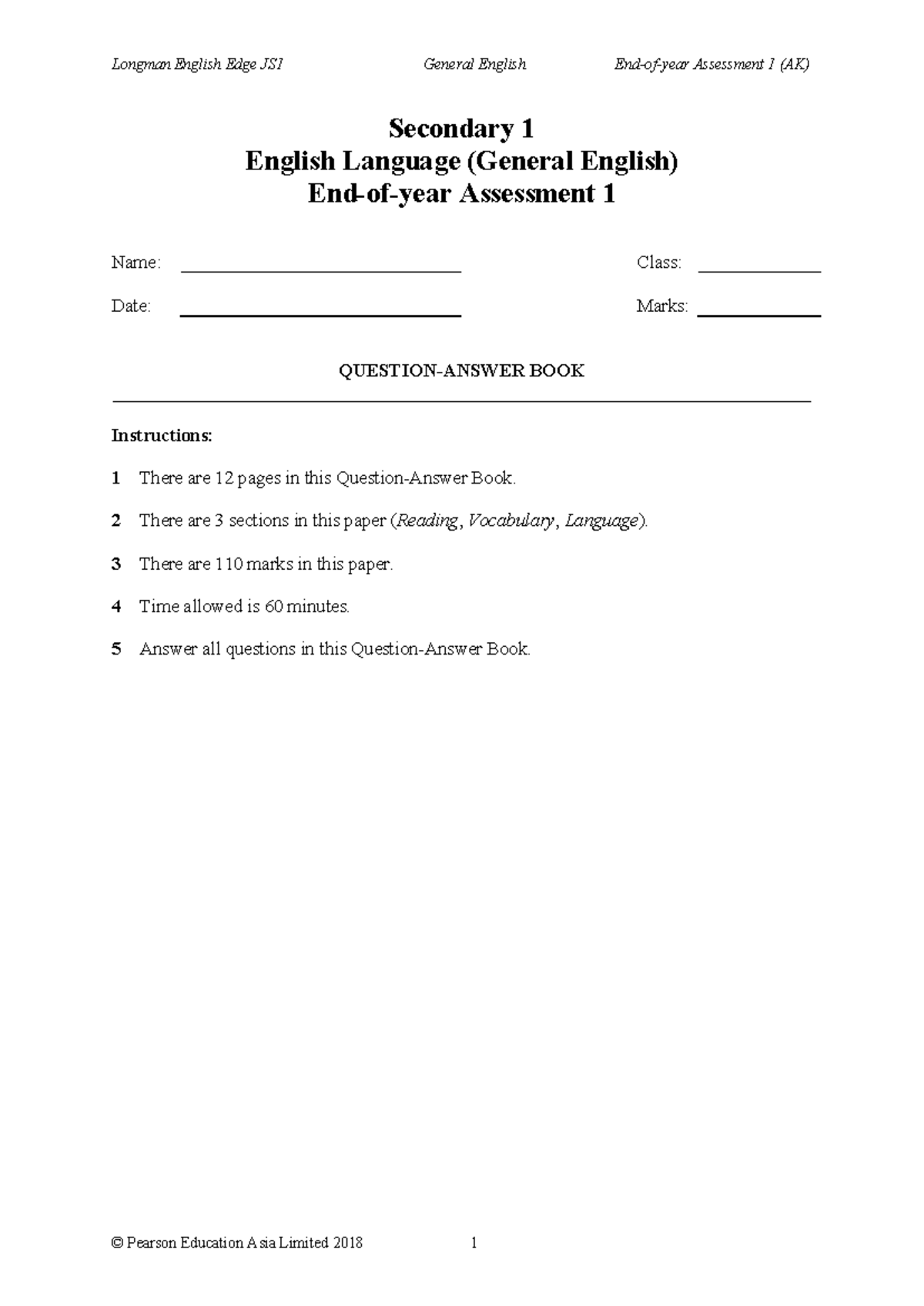 Eng reading ans - ans - Secondary 1 English Language (General English ...