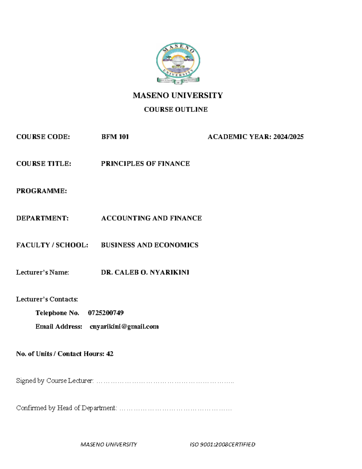 BFM 101 Course Outline: Principles of Finance by Dr. Nyarikini - Studocu