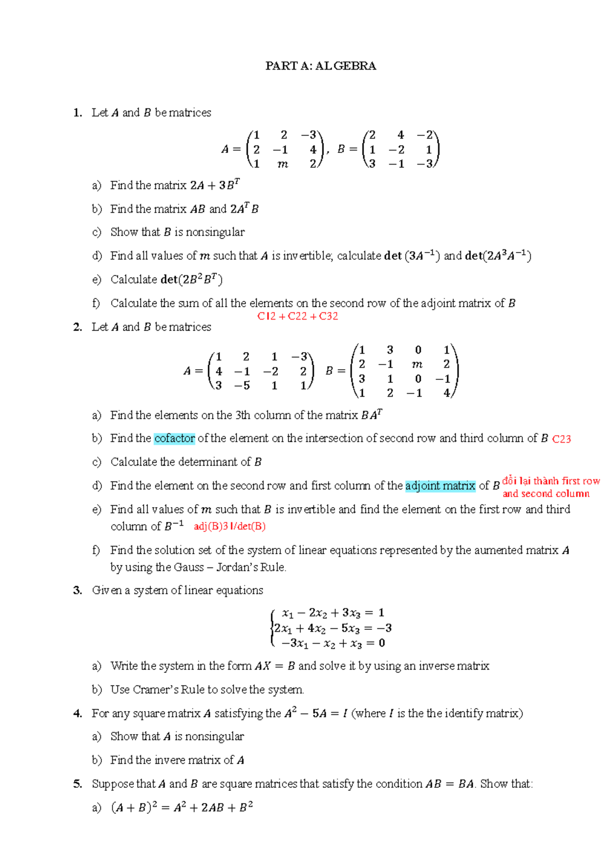 Exercises on Algebra: Matrix Operations and Determinants (MATH101) - Studocu