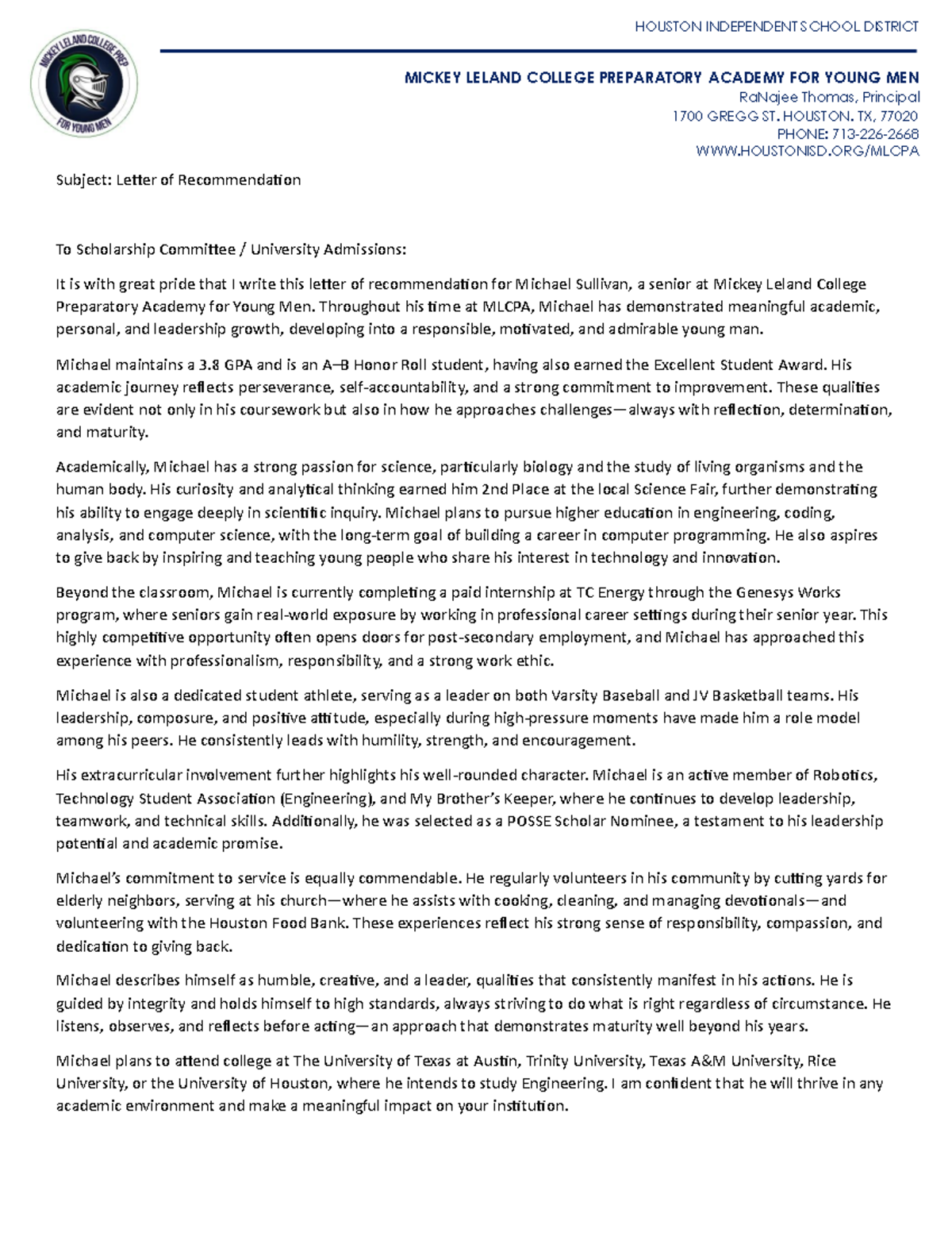 M. Sullivan - Letter of Recommendation for College Admission - Studocu