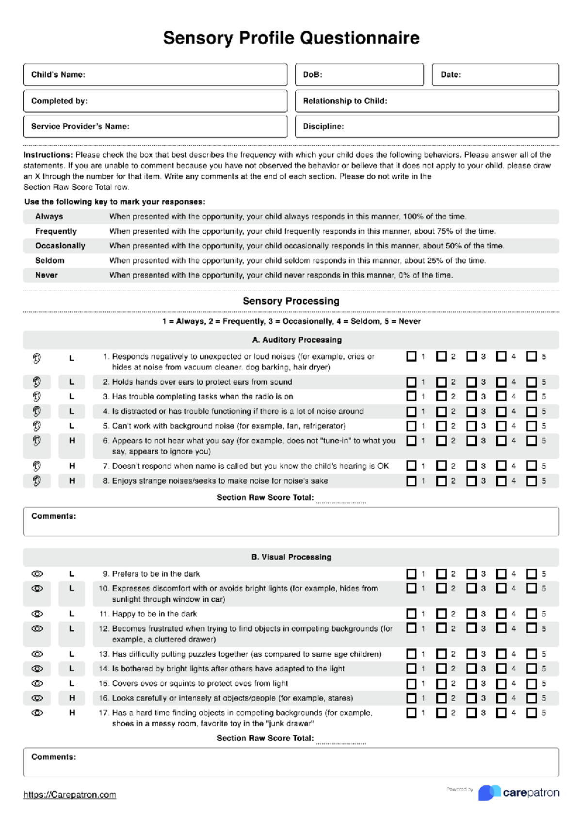 Sensory Profile Questionnaire: Assessment of Child's Sensory Behaviors ...