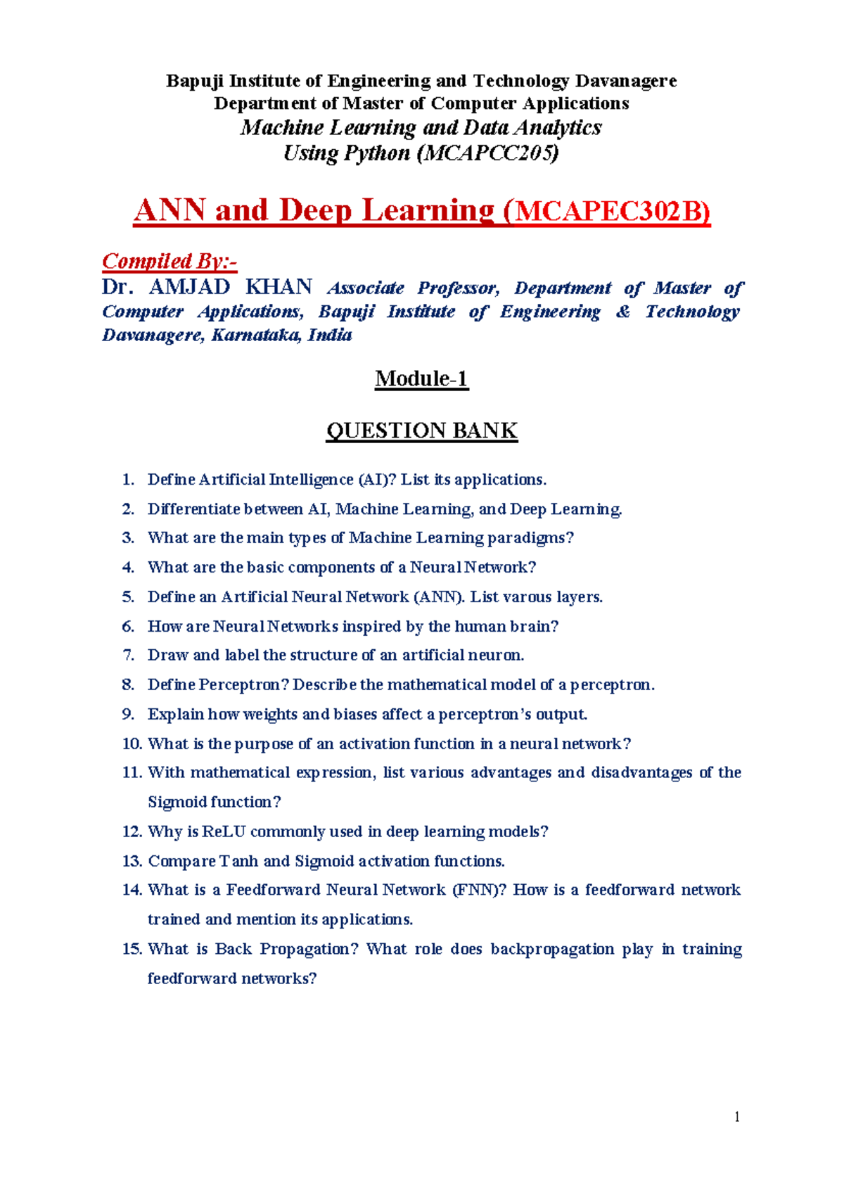 MCAPCC205 & MCAPEC302B ANN & Deep Learning Module 1 Question Bank - Studocu