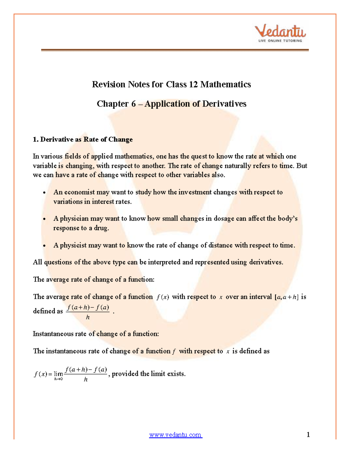 Application of Derivatives Class 12 Maths Revision Notes - Studocu