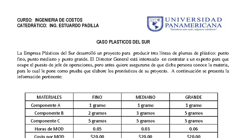 Caso de Estudio: Plásticos del Sur - Ingeniería de Costos - Studocu