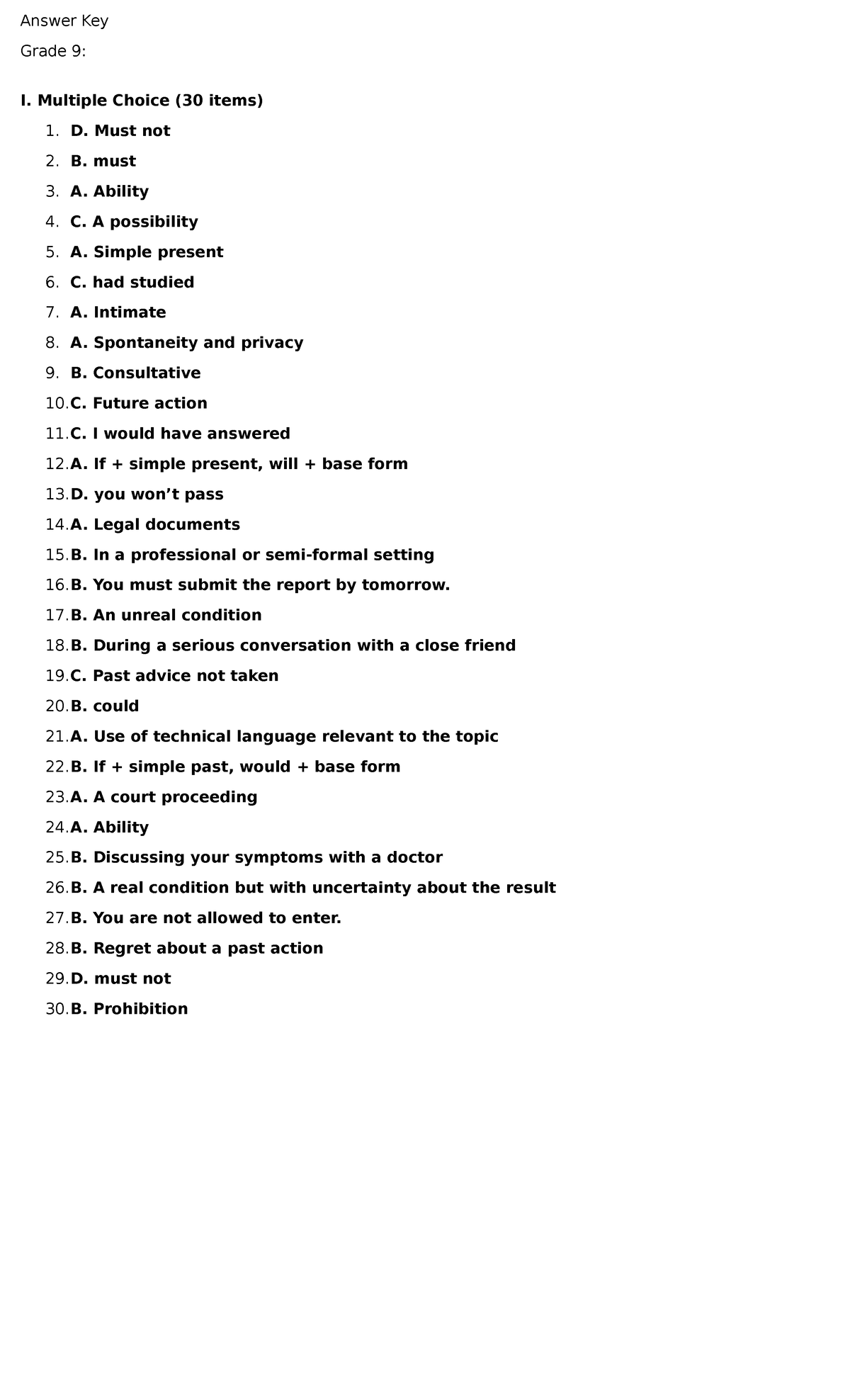 Grade 9 Answer Key: 1st Quarter Multiple Choice (30 Items) - Studocu