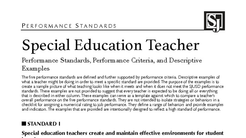 SJUSD SPED Teacher Performance Standards & Evaluation Criteria - Studocu