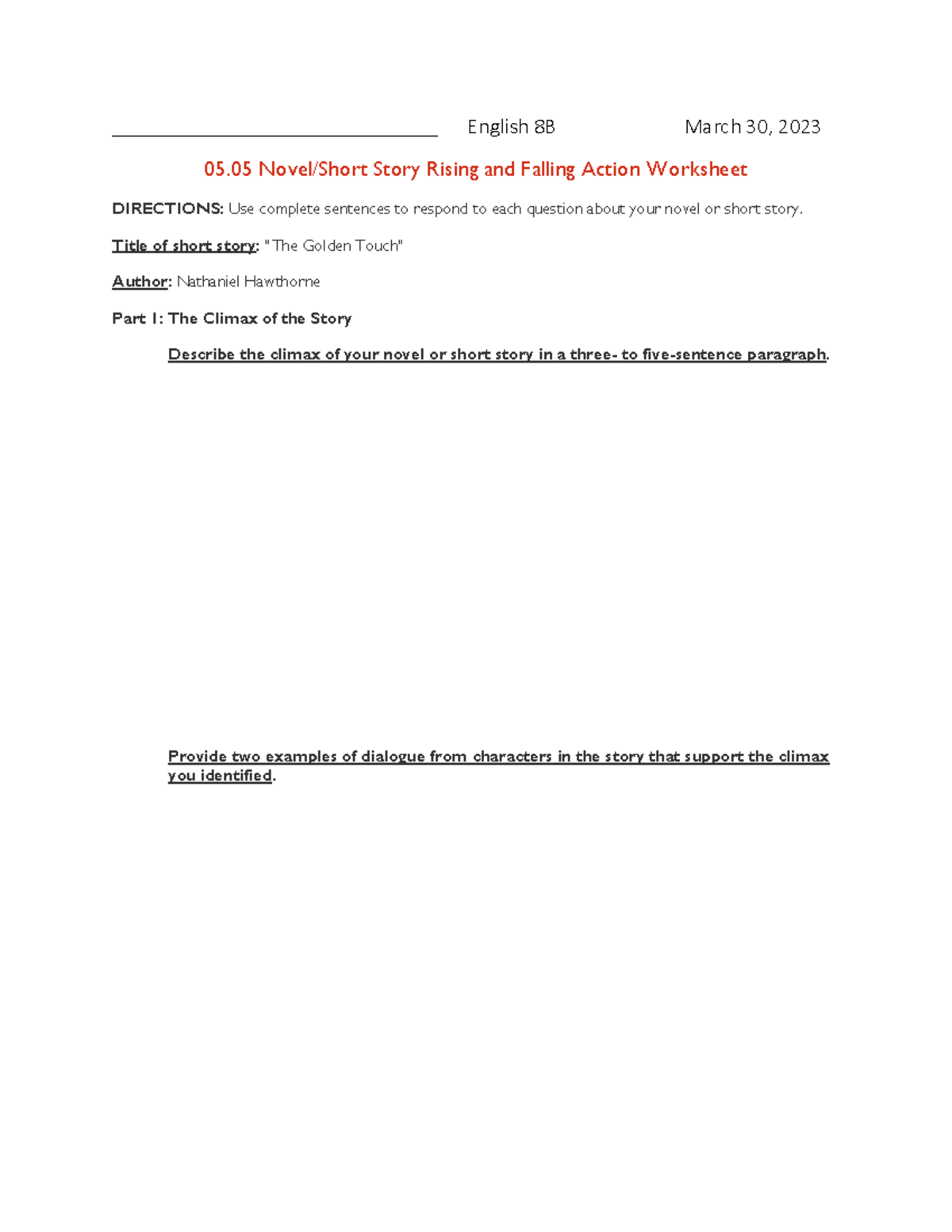 English 8B: Worksheet on Rising & Falling Action for “The Golden Touch ...