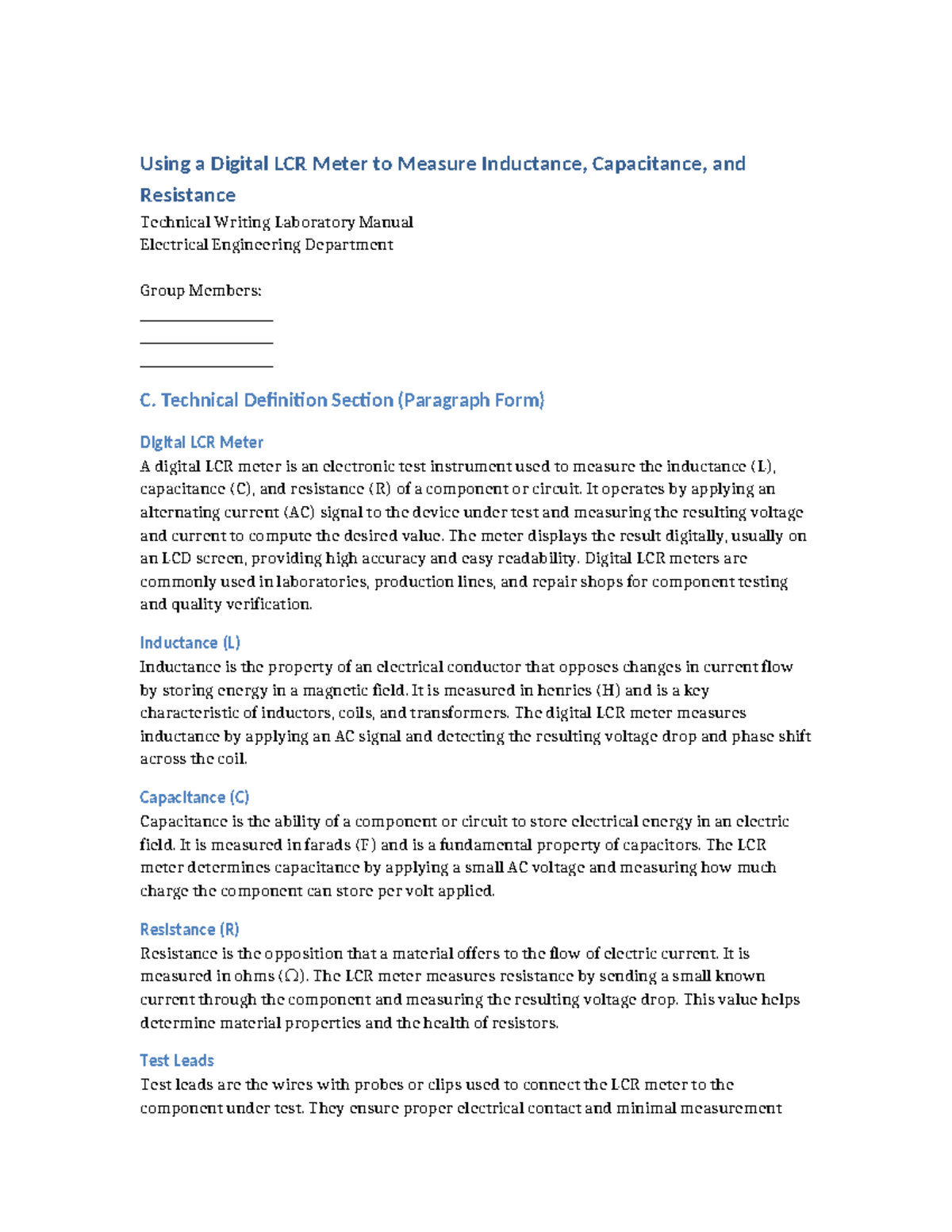 EE 101: Digital LCR Meter Measurement Techniques Lab Manual - Studocu