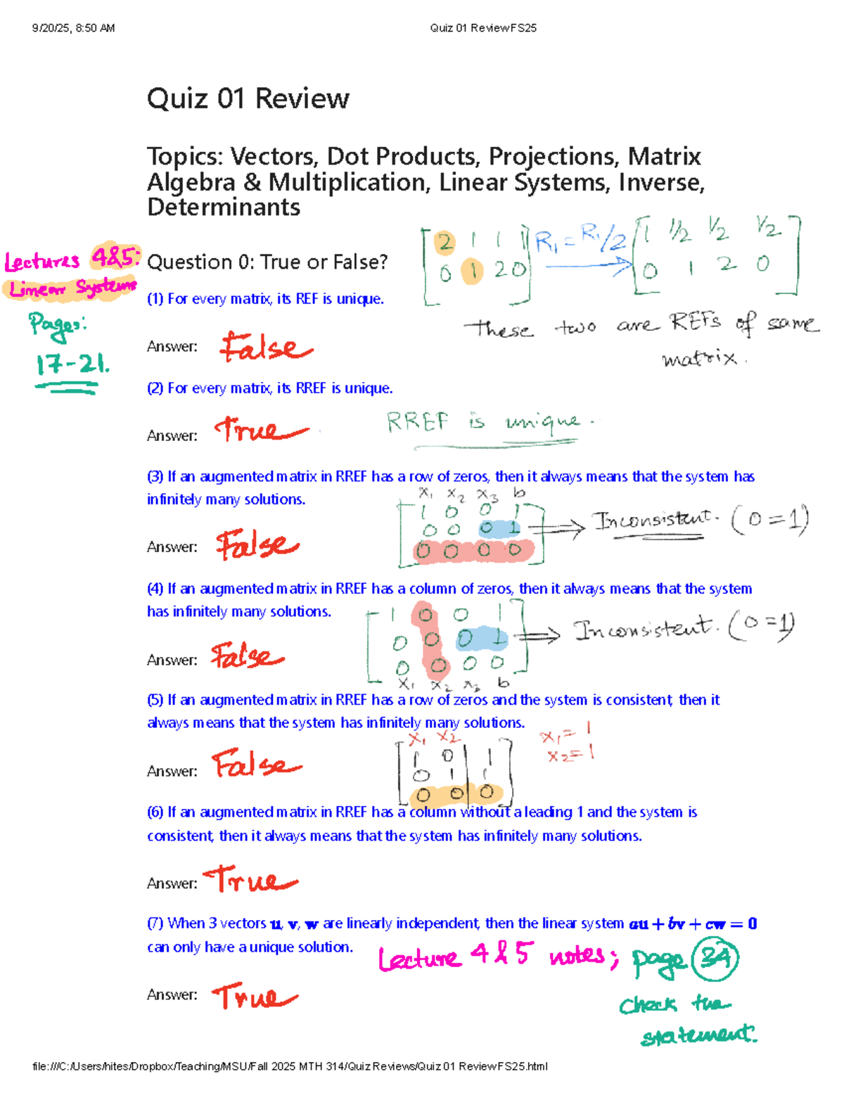 Quiz 01 Review: Vectors, Matrix Algebra, and Linear Systems - MTH 01 FS25 - Studocu