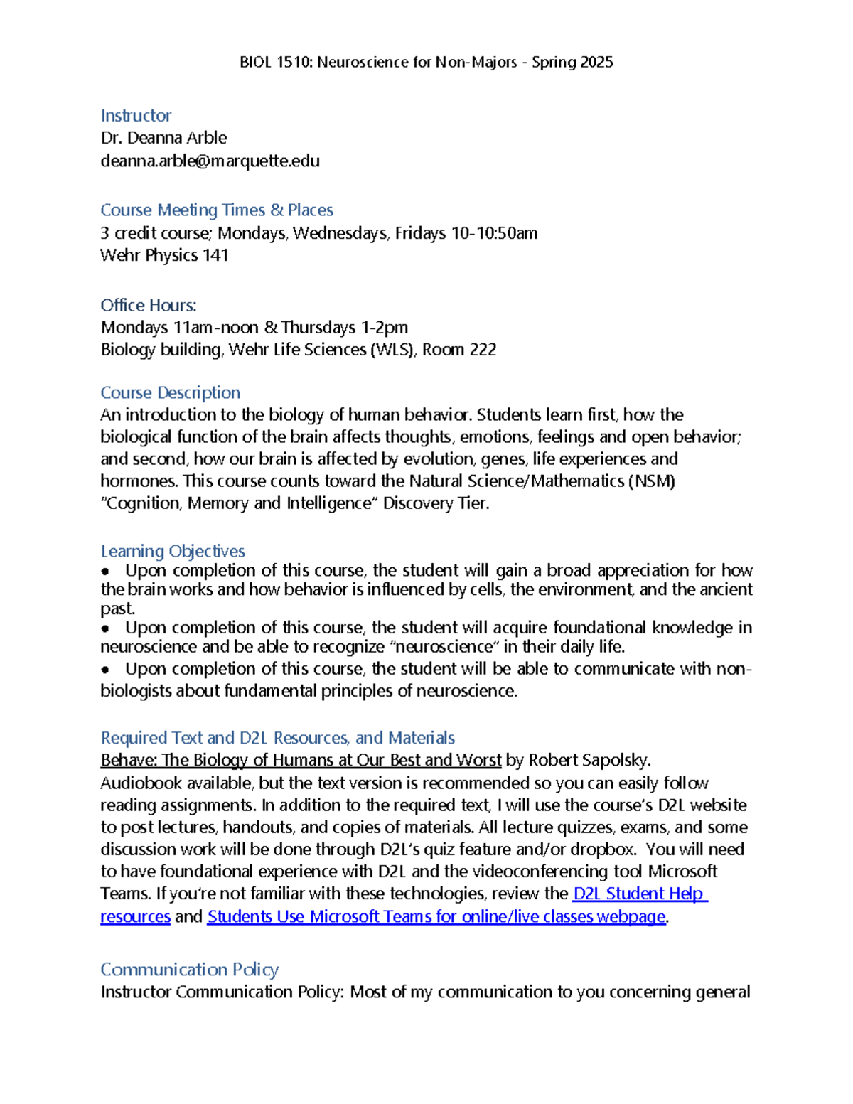 BIOL 1510: Spring 2025 Neuroscience Syllabus & Course Info - Studocu