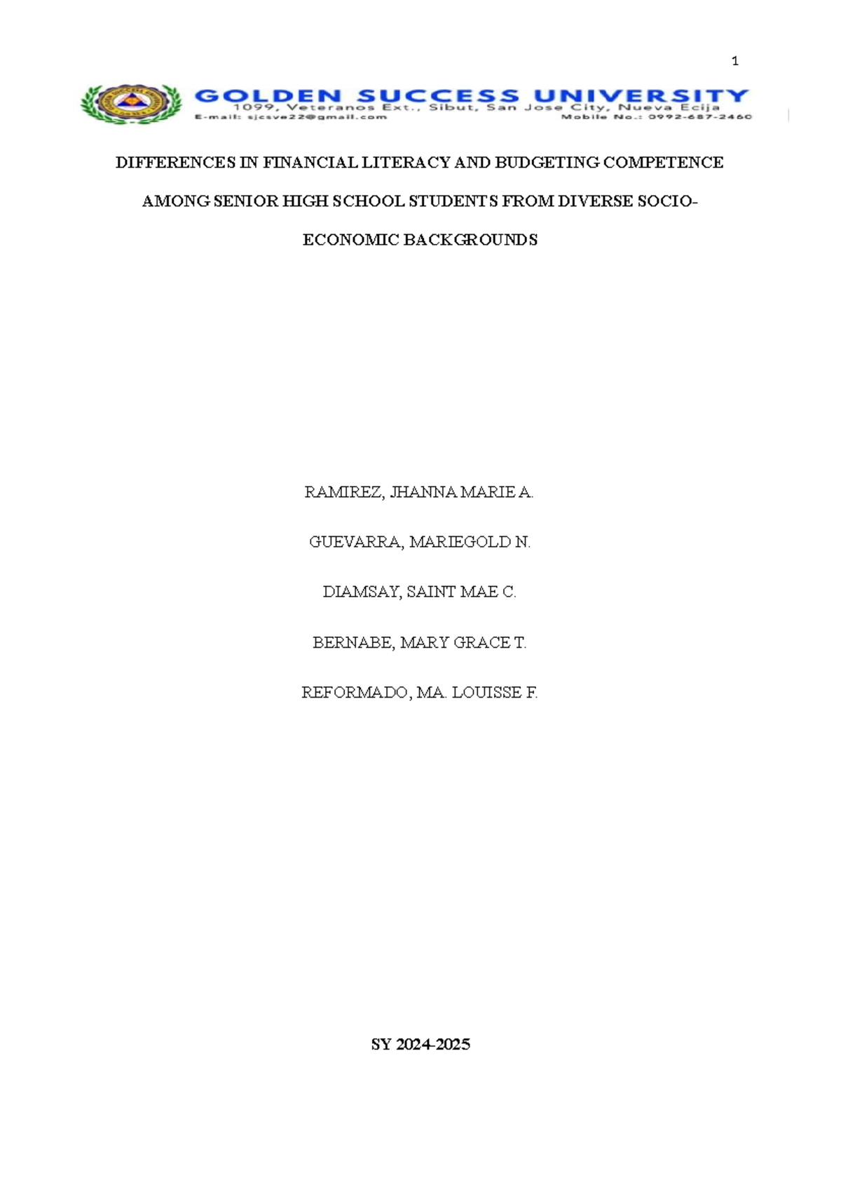 PR2 - Differences in Financial Literacy and Budgeting Skills Among SHS ...