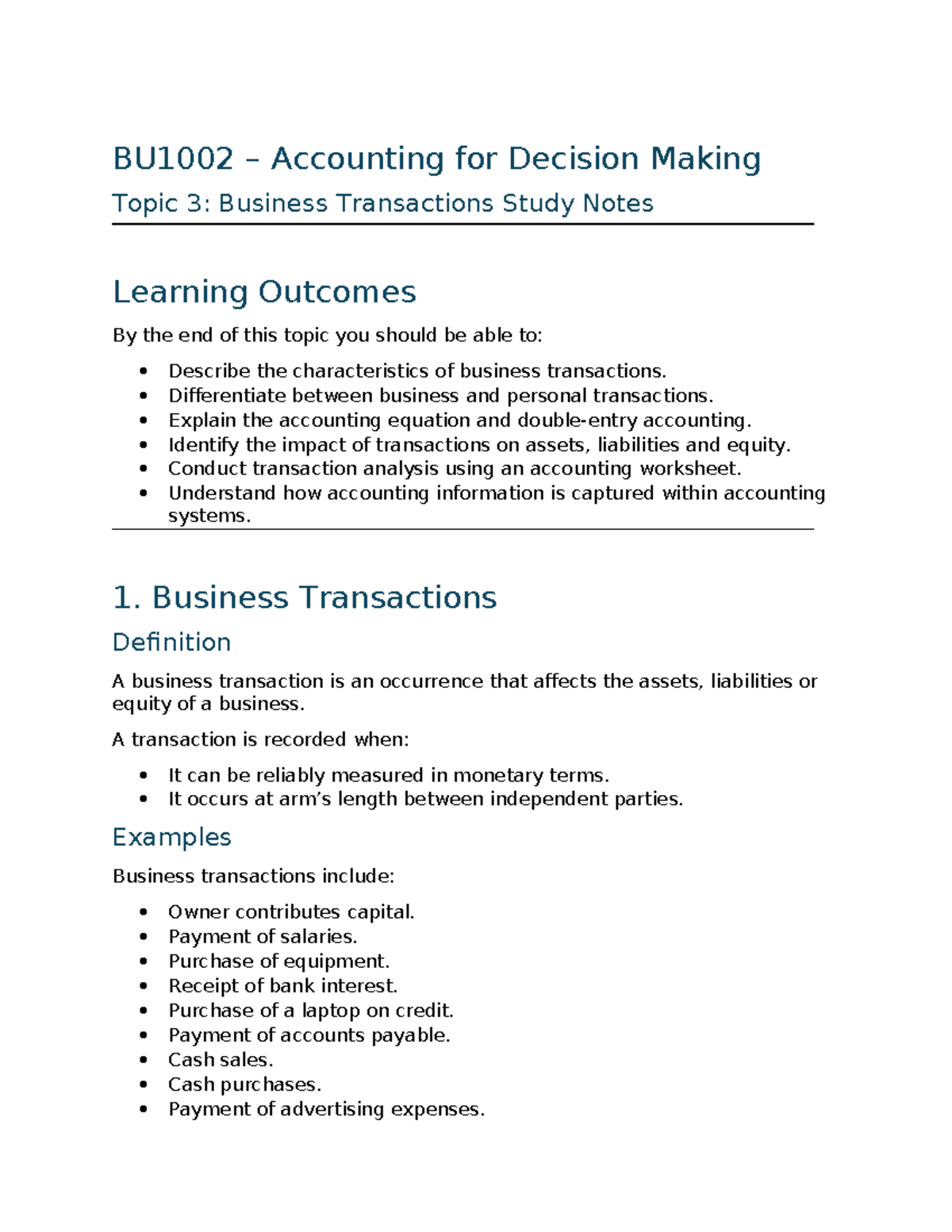 BU1002 – Accounting for Decision Making Topic 3: Business Transactions ...
