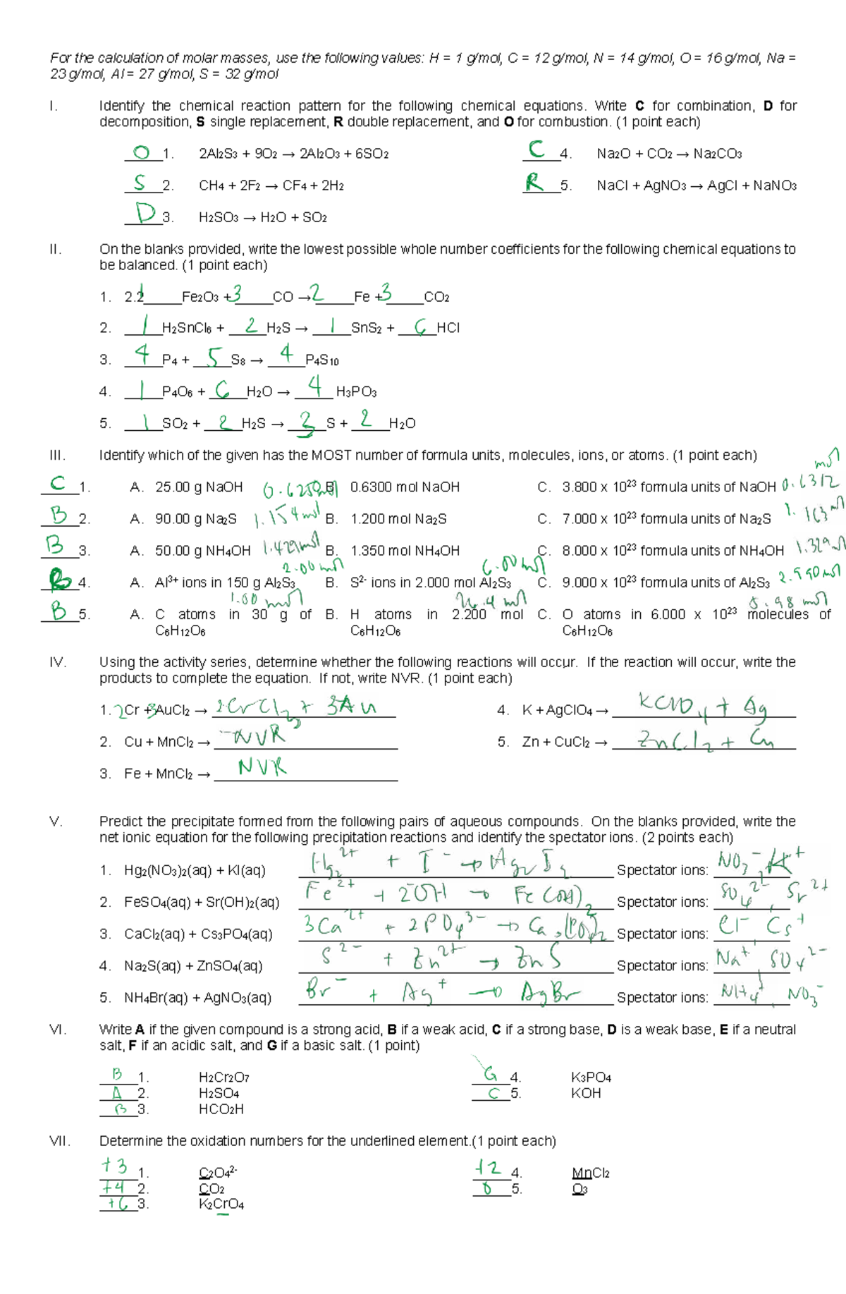 Practice Quiz for Chemistry (CHEM 101) - Molar Mass & Reactions - Studocu