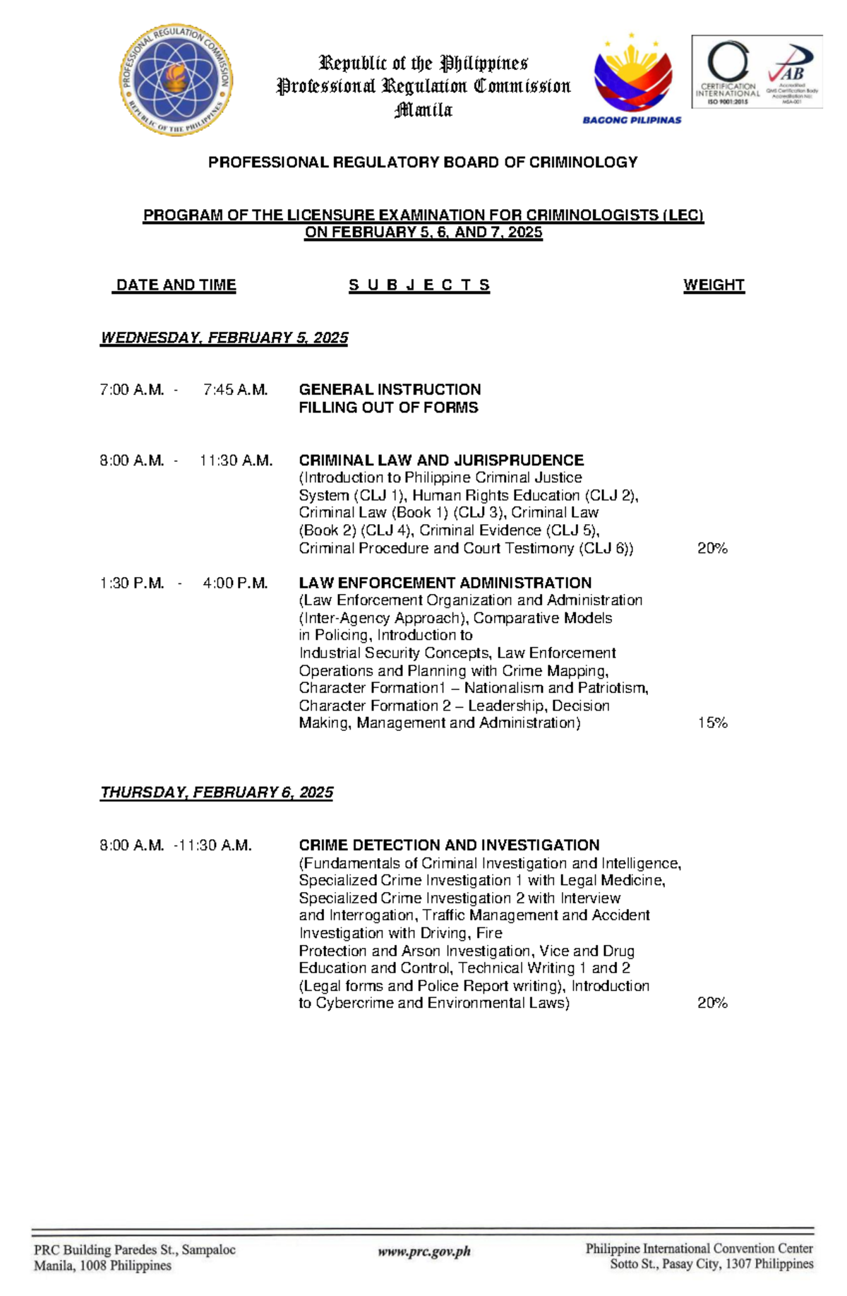 Program of Licensure Exam for Criminologists (LEC) - Feb 2025 - Studocu