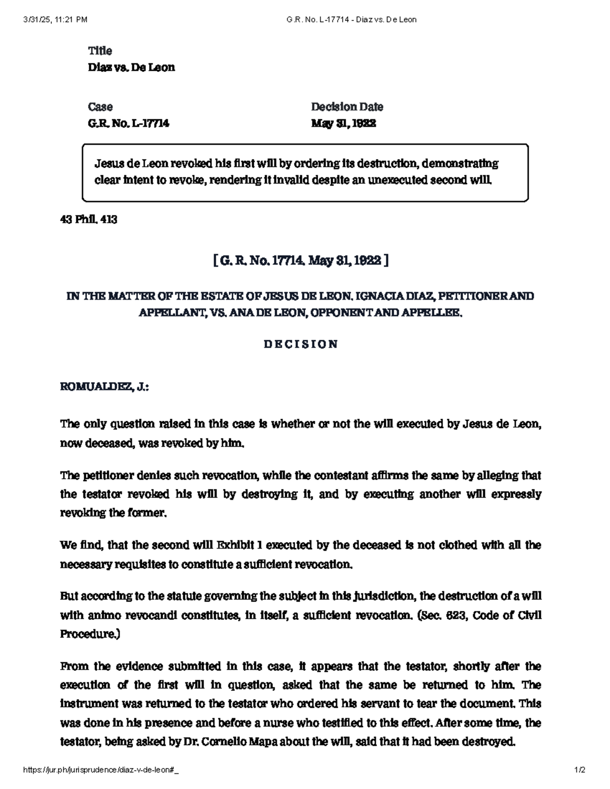 G.R. No. 17714 Case Study: Diaz vs. De Leon Decision Analysis - Studocu