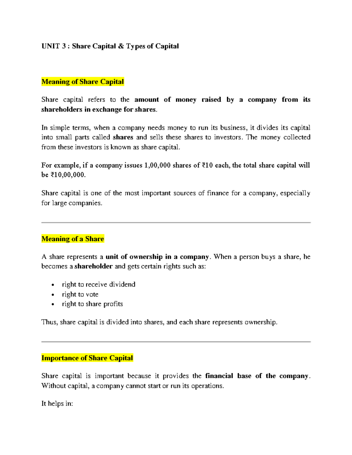 Company Law (CL-101): Unit 3 - Understanding Share Capital Types - Studocu