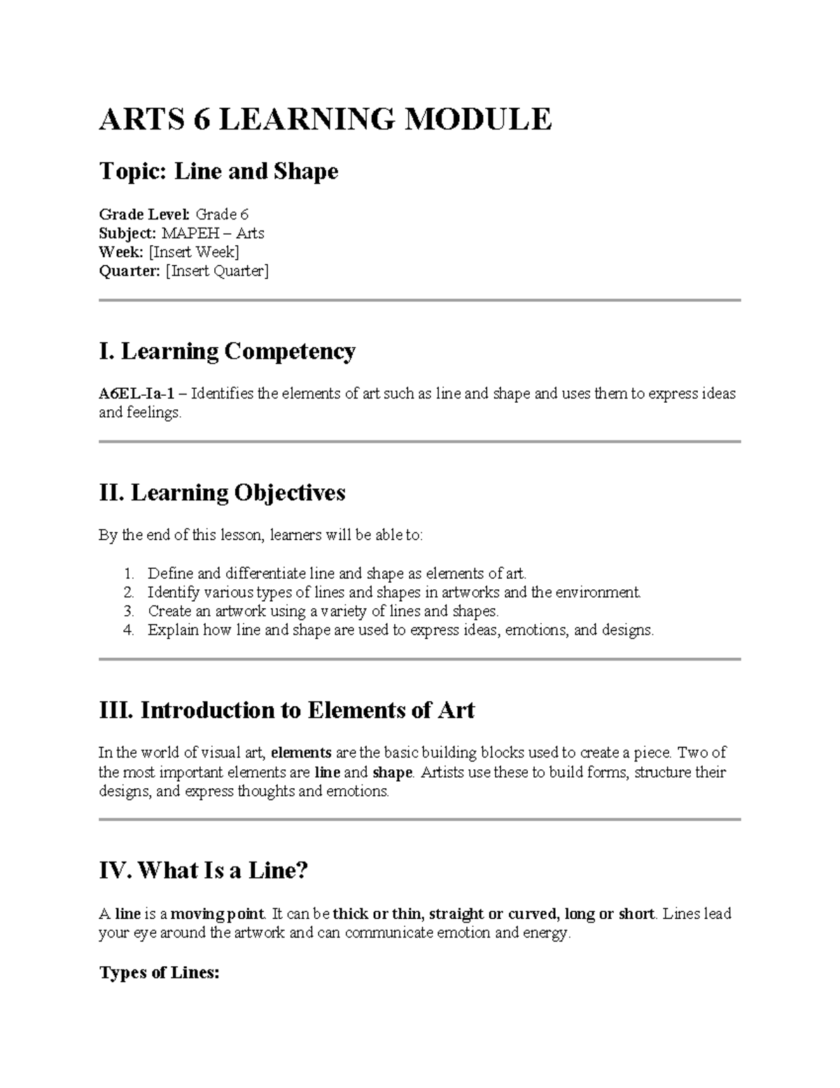 ARTS 6 Learning Module: Exploring Line and Shape in Art - Studocu