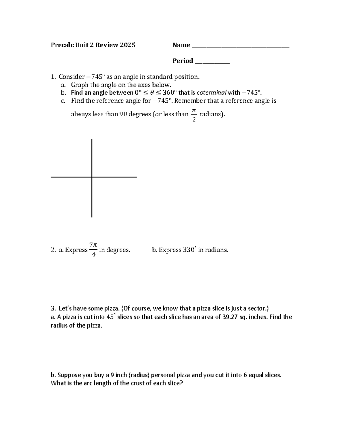 Precalc Unit 2 Review 2025 - Angle & Trig Functions - Studocu