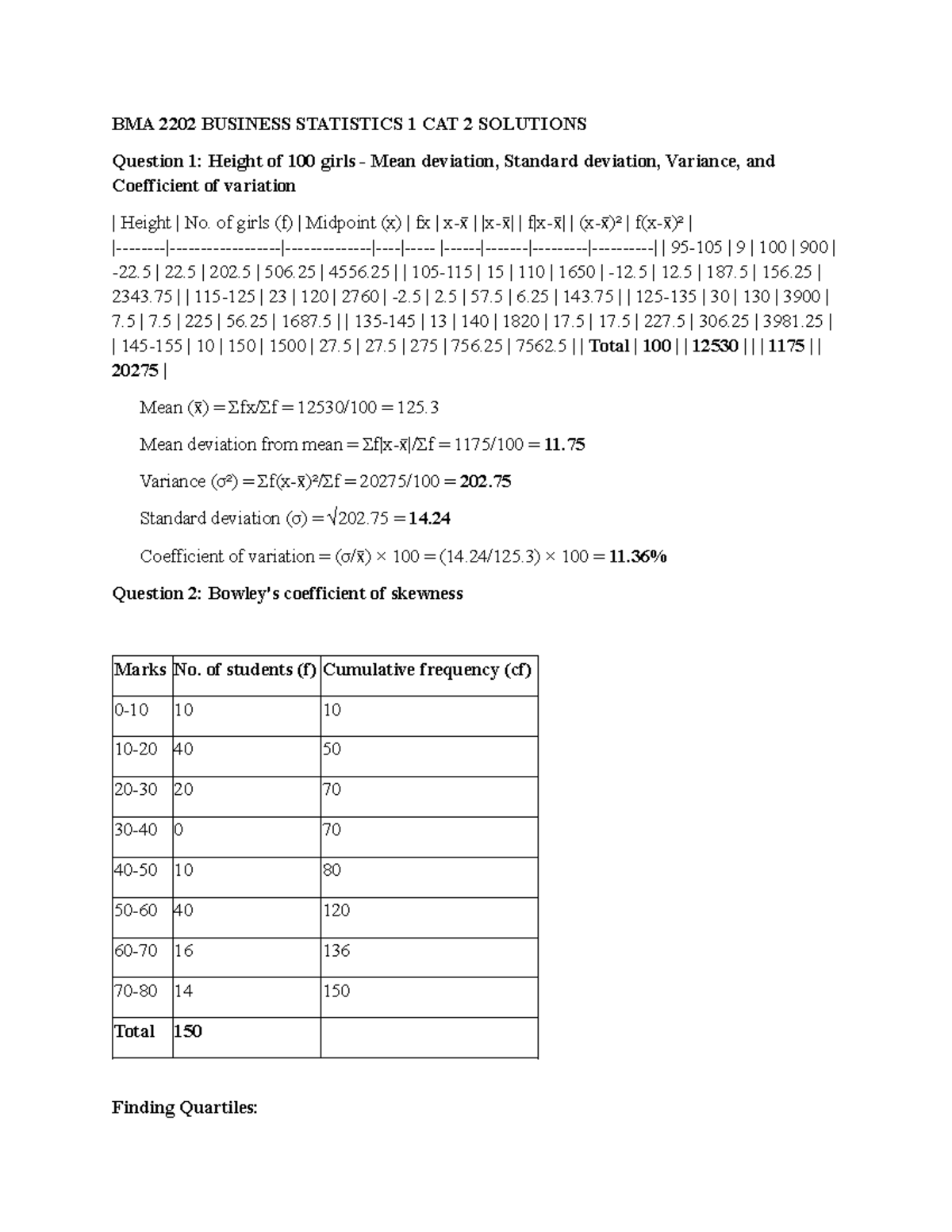 BMA 2202 BUSINESS STATISTICS 1 CAT 2 SOLUTIONS & ANALYSIS - Studocu