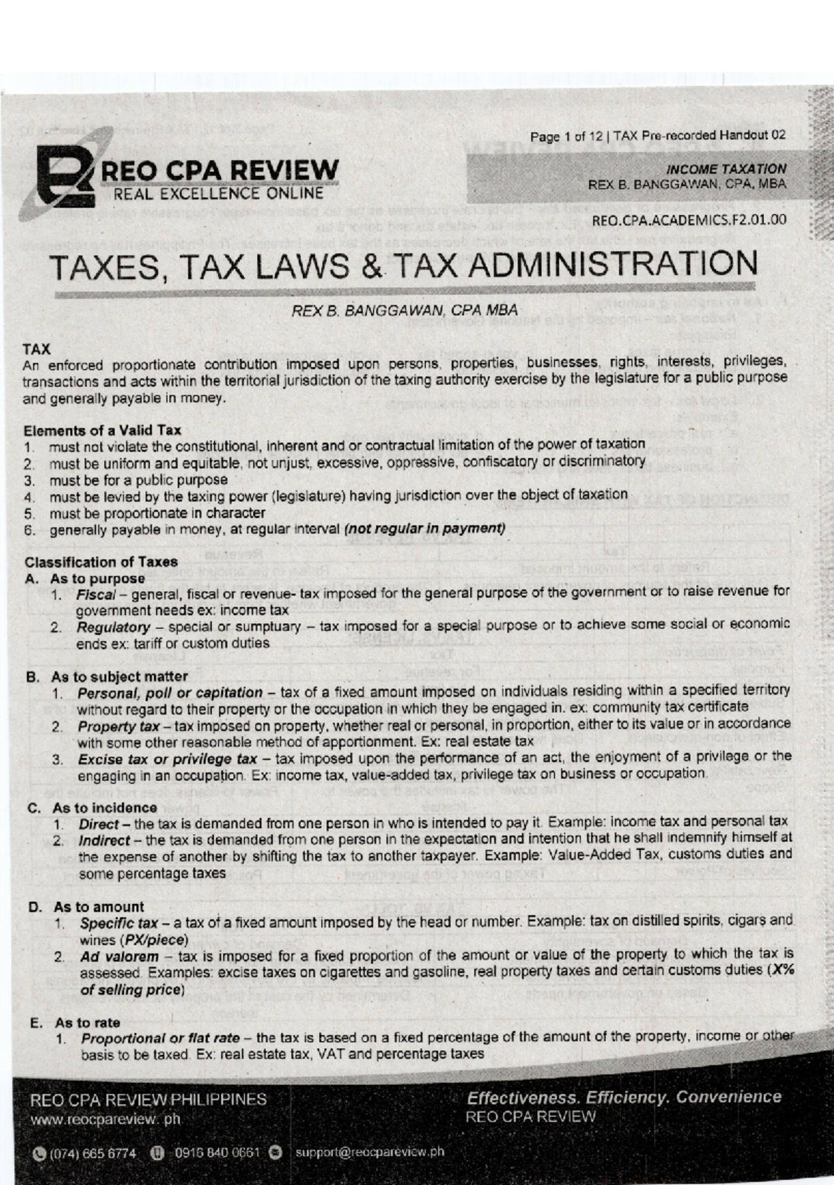 Taxes, Tax Laws & Tax Administration - REO CPA Review Notes - Studocu