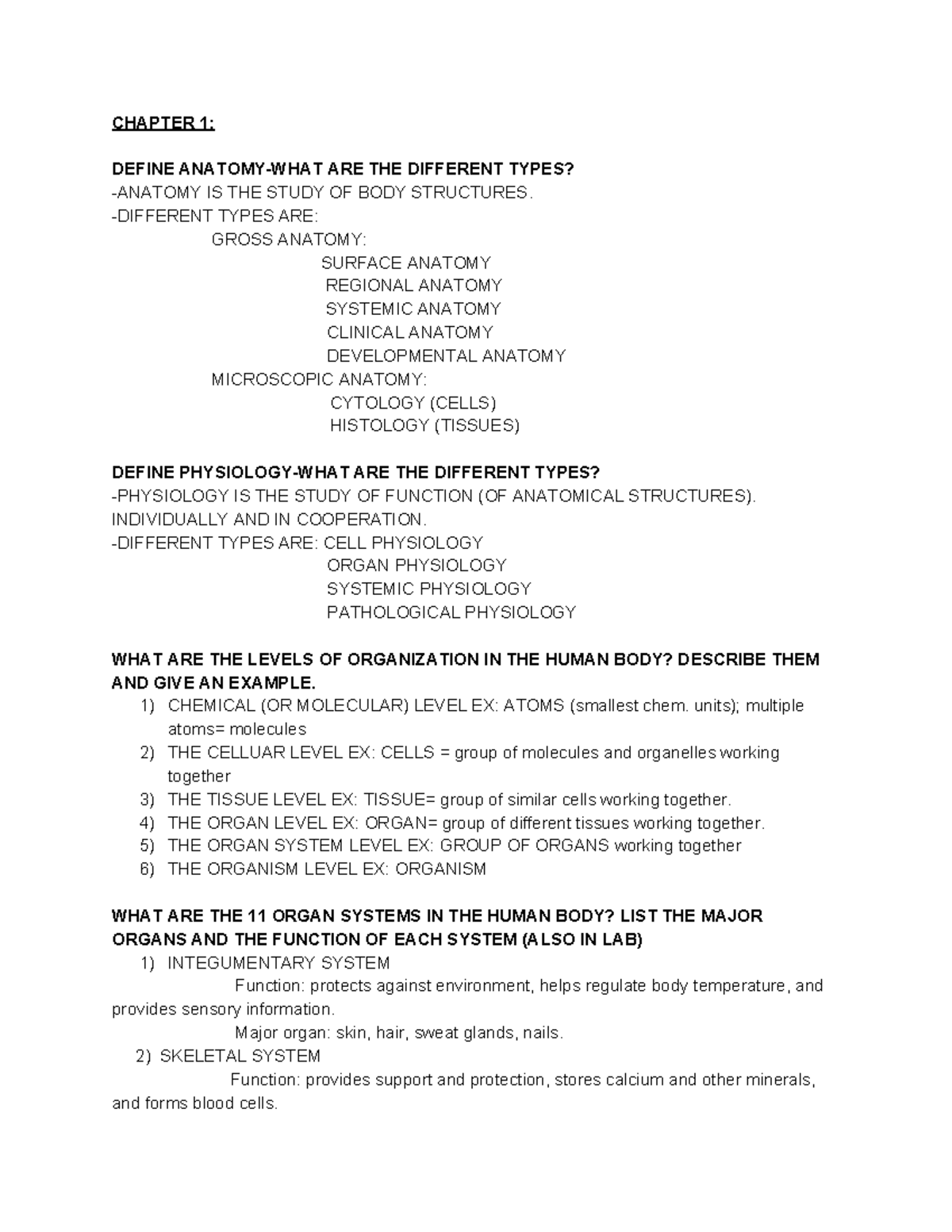 BIO 25 LEC. EXAM 1 Studyguide ch. 1-4 - CHAPTER 1: DEFINE ANATOMY-WHAT ...