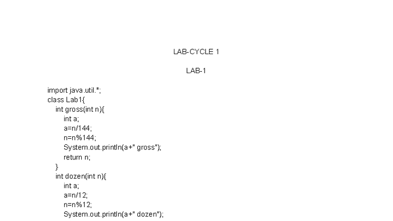 JAVA LAB - Cycle: Class and Method Implementations - Studocu