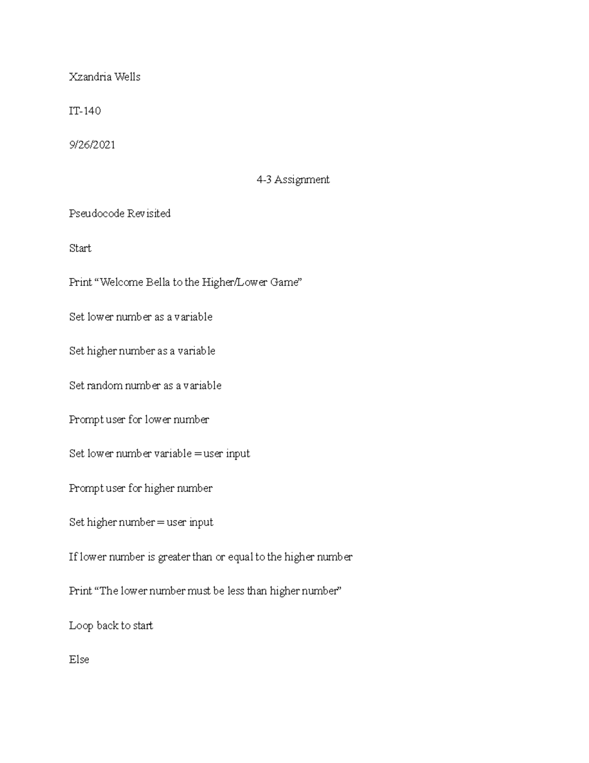 4-3 Assignment for IT140 - Xzandria Wells Assignment Pseudocode ...