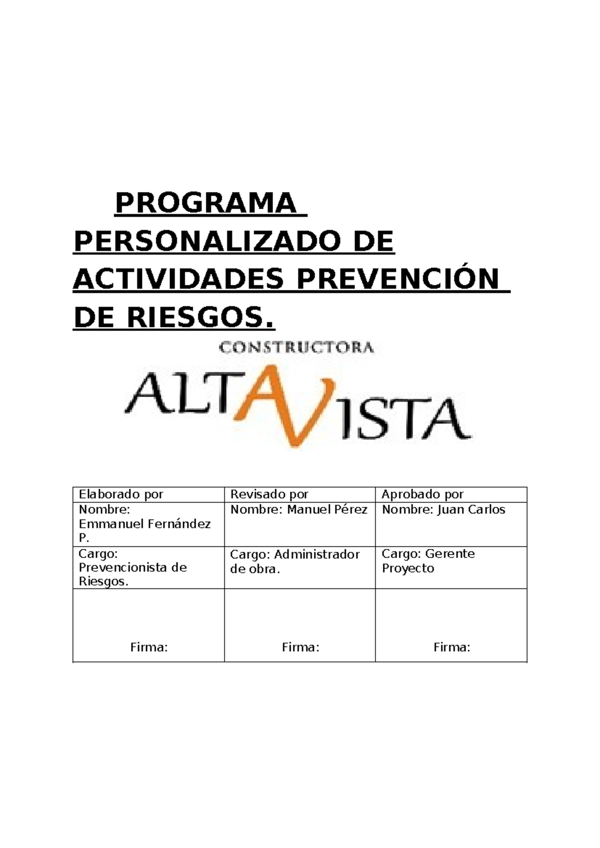 Programa Personalizado de Actividades de Prevención de Riesgos - Studocu