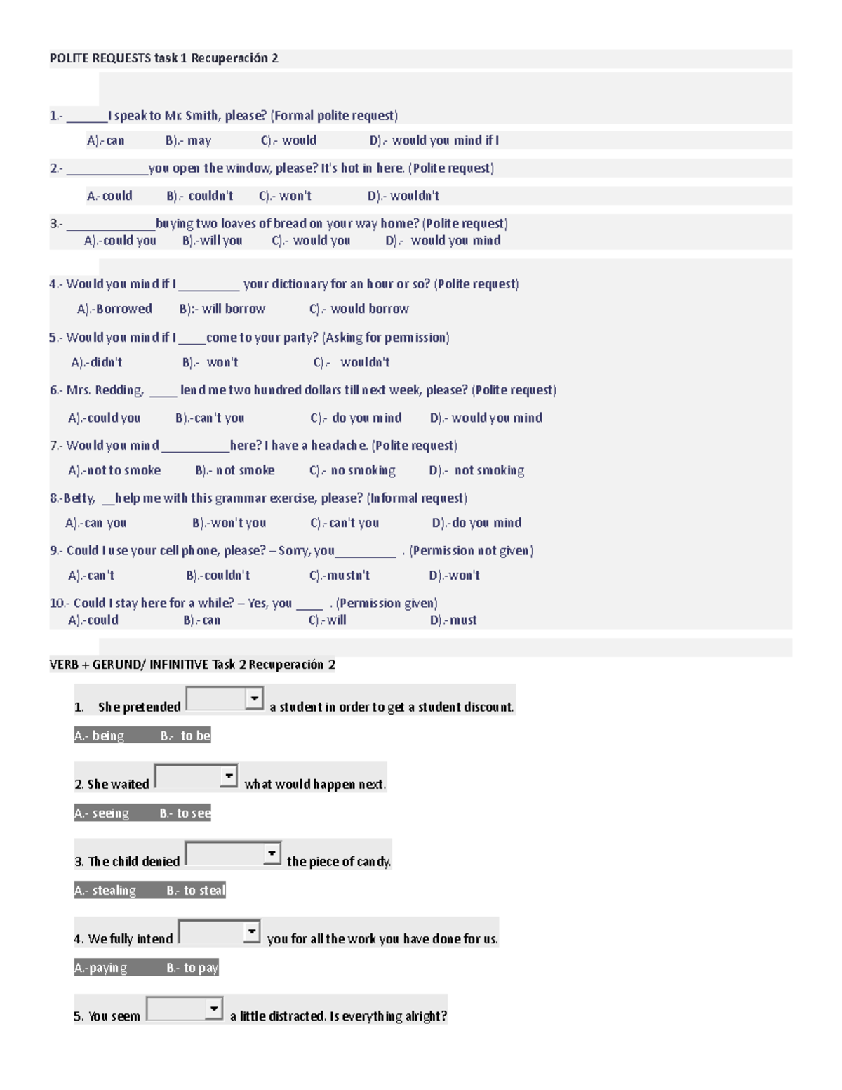 POLITE REQUESTS & GRAMMAR EXERCISES - Recuperación 2 - Studocu