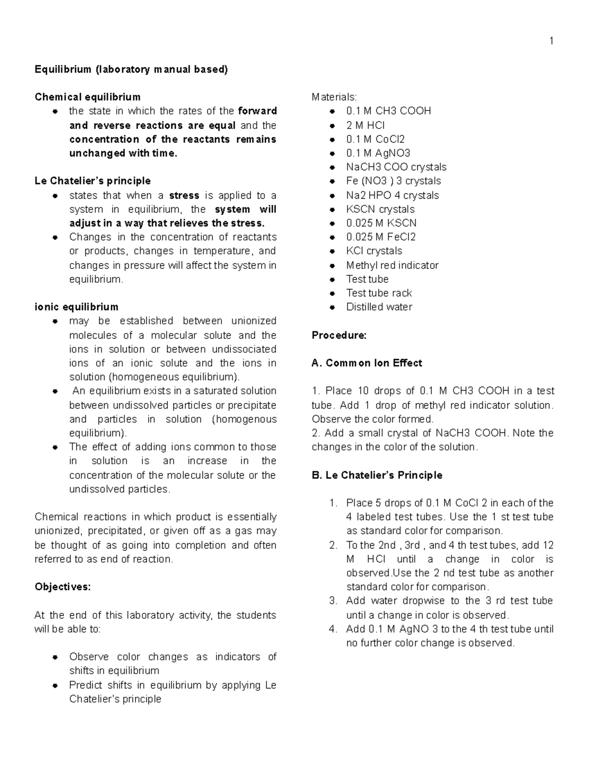Lab Notes: Chemical Equilibrium & Saponification (CHEM 101) - Studocu