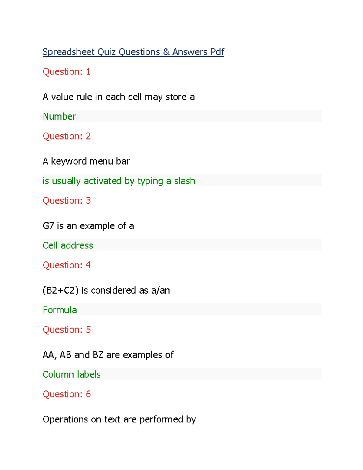 Spreadsheet Quiz Q&A: Essential Questions & Answers Guide - Studocu