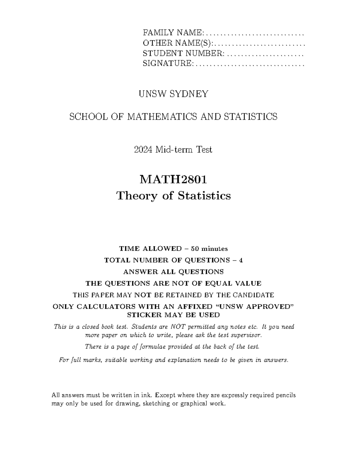 MATH2801 2024 Midterm Test: Theory of Statistics Exam - Studocu