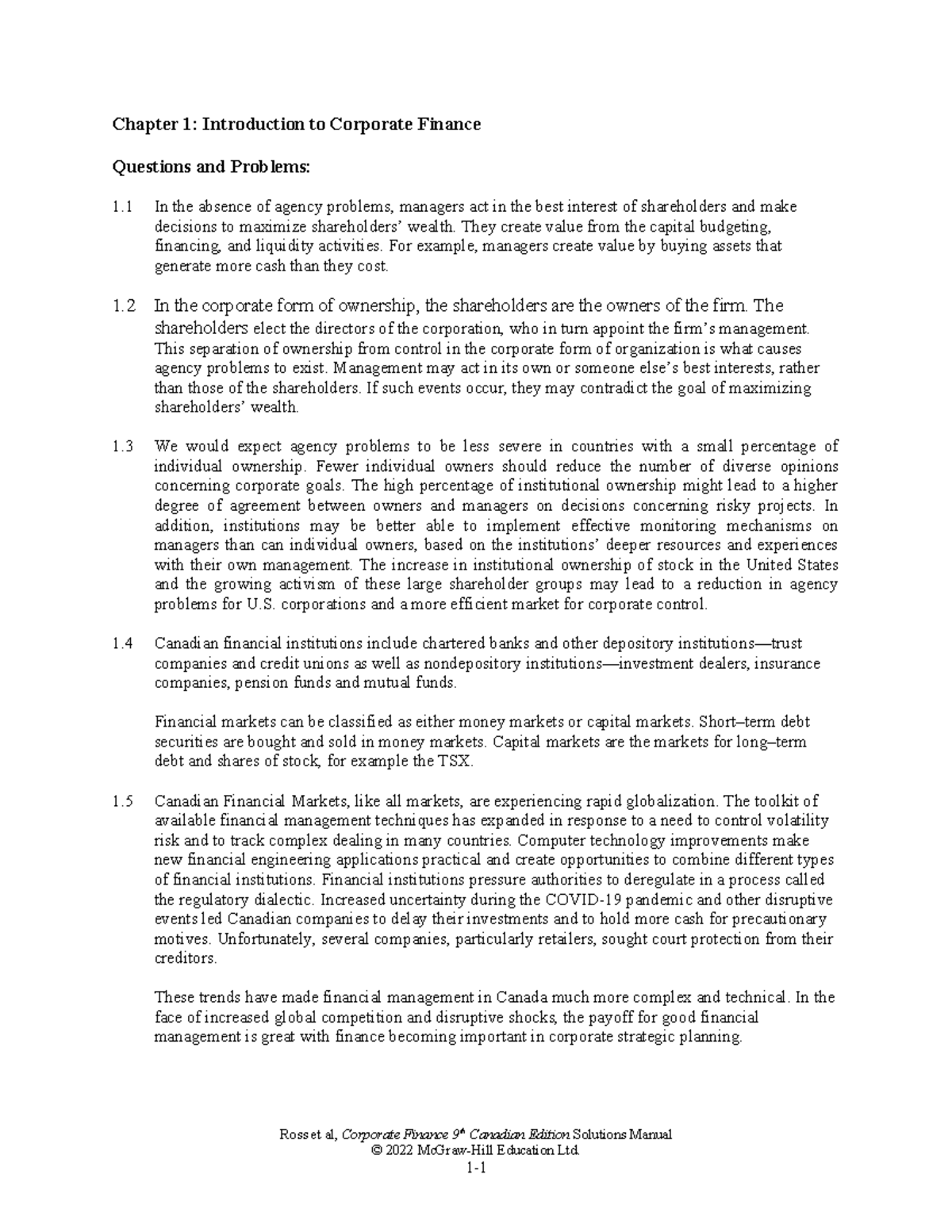 Ross CF 9ce SM Ch01 - Solution Manual - Chapter 1: Introduction to ...
