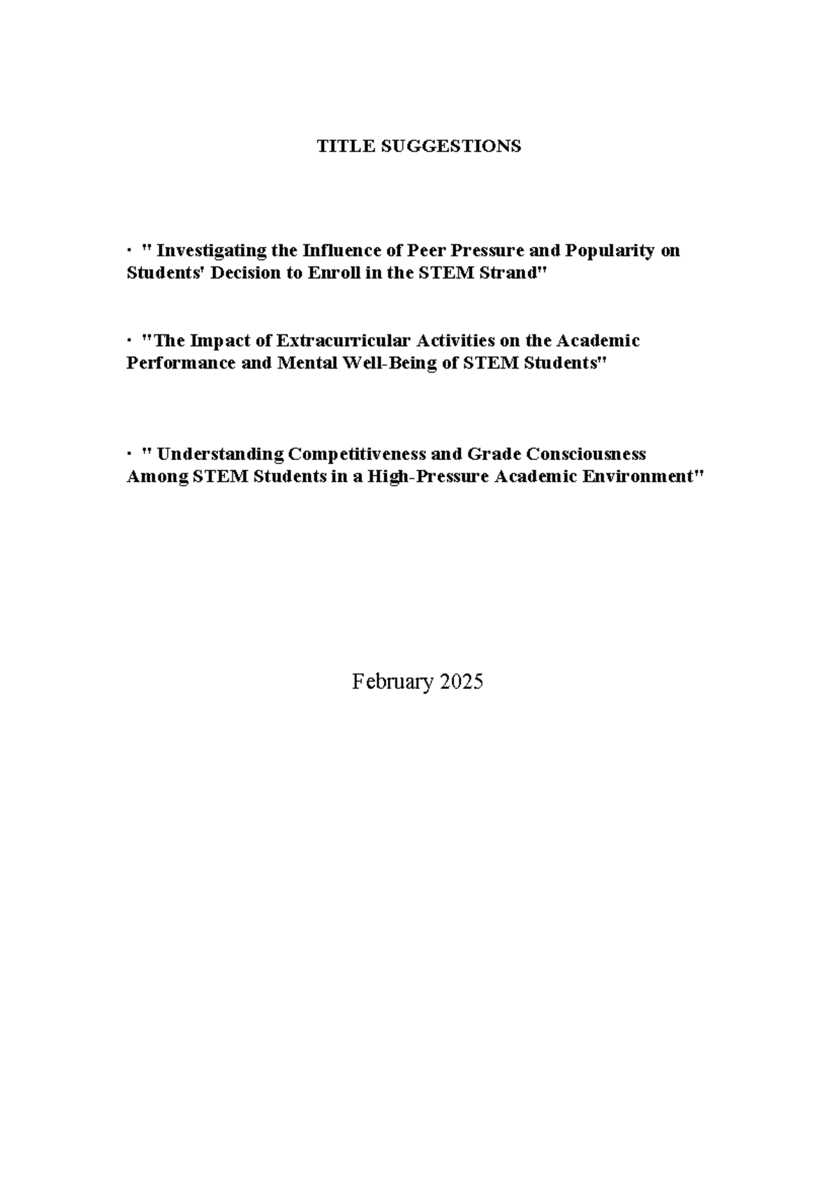 Title Suggestions - senior high school - STEM - TITLE SUGGESTIONS ...