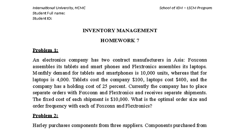 IEM LSCM 2526 Inventory Management Homework 7 Analysis - Studocu