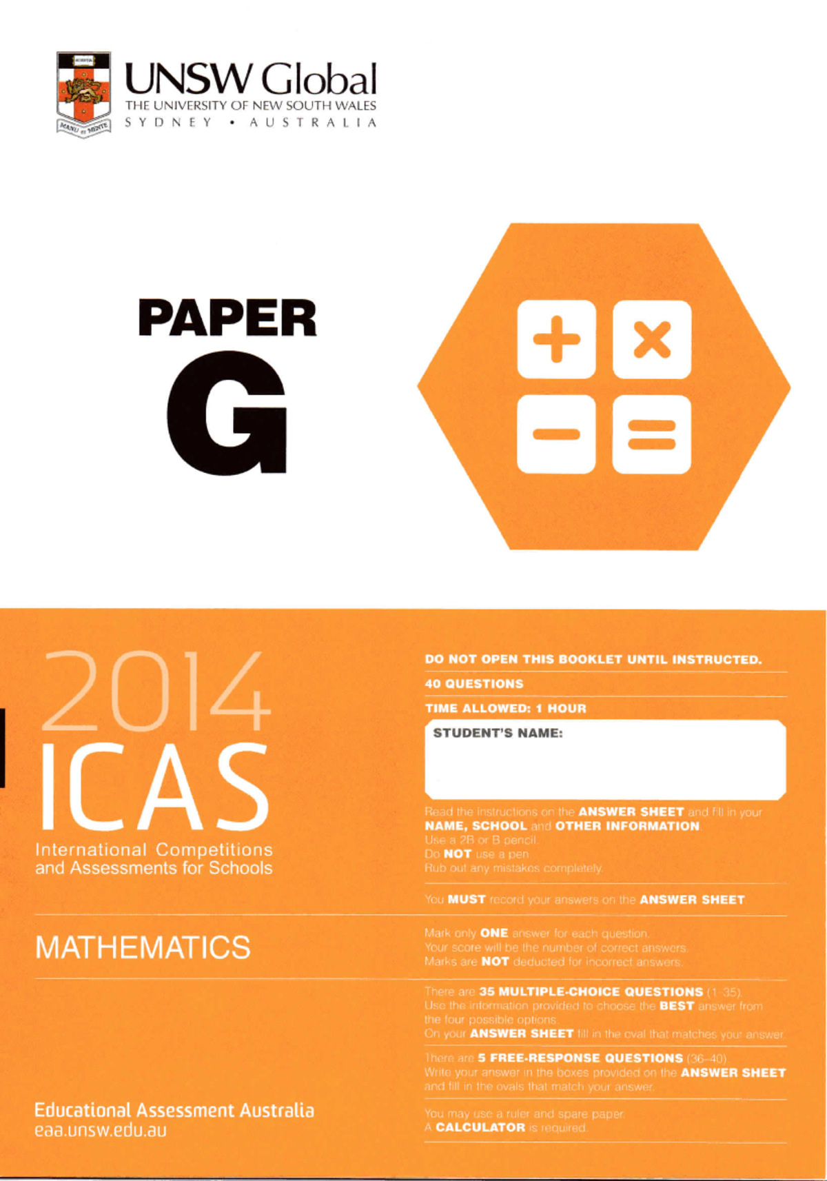 ICAS Mathematics Paper G (H) 2014 with Answer Keys - Studocu