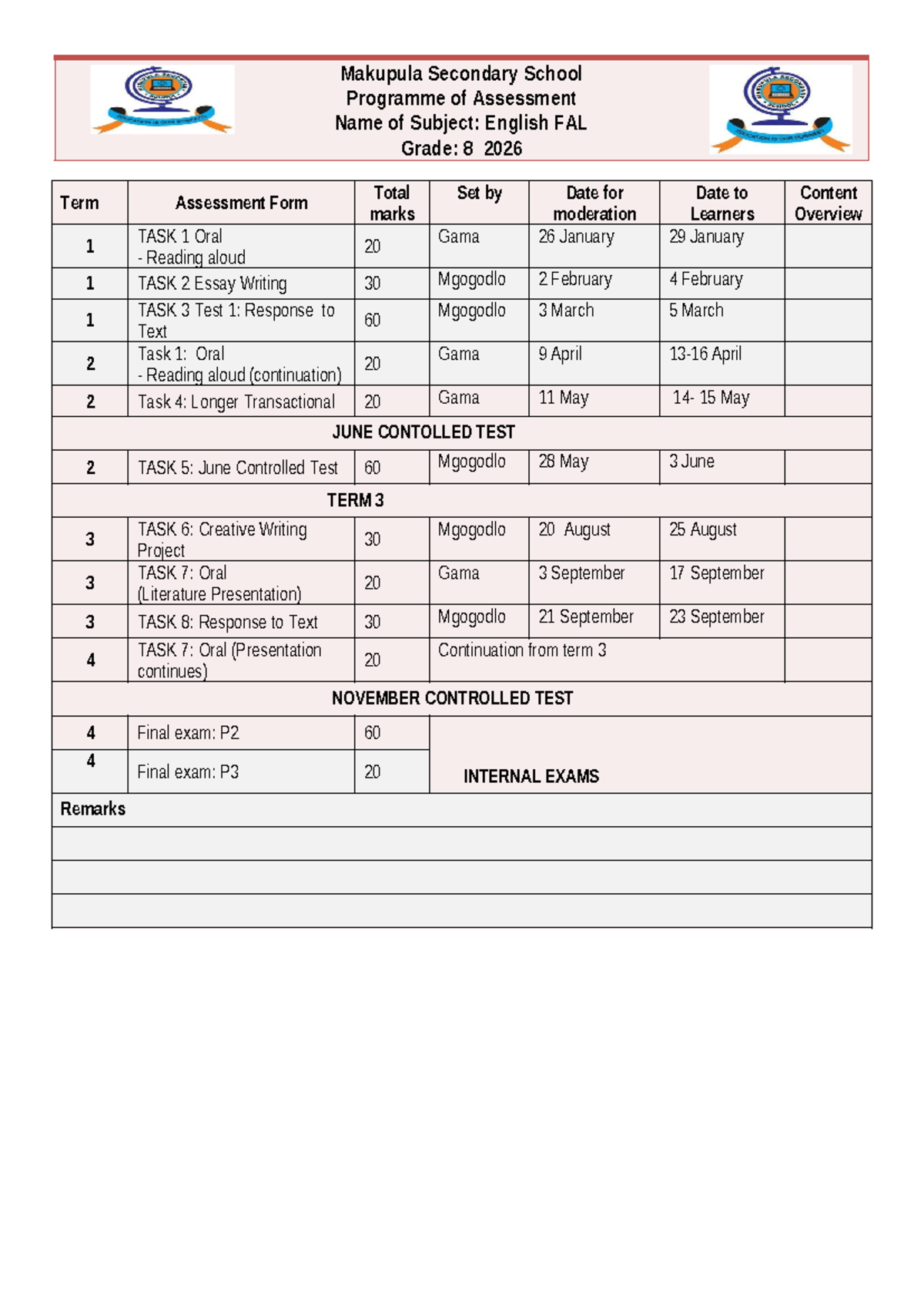 English FAL GR 8 POA 2026: Assessment Overview and Tasks - Studocu