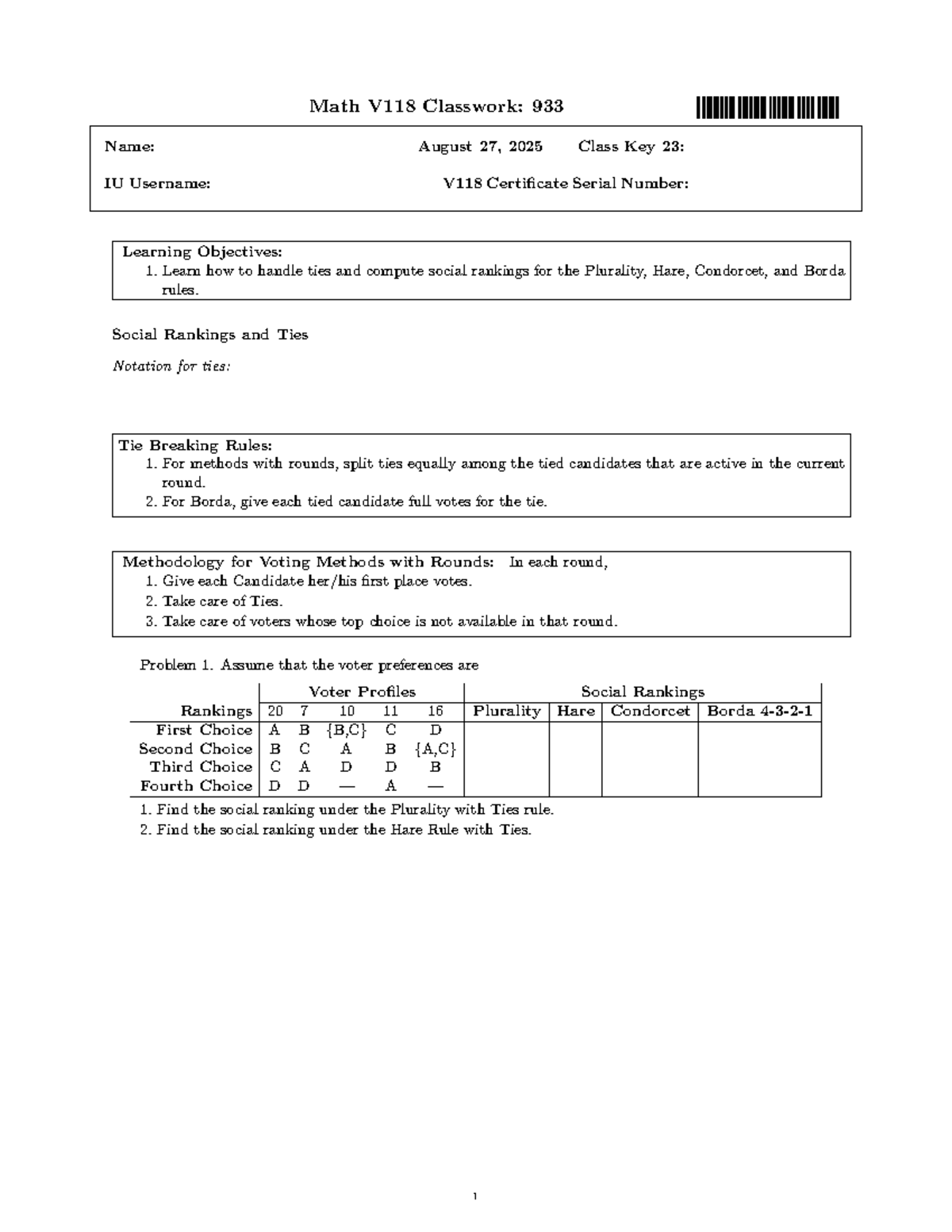 Math V118 Classwork: Social Rankings & Voting Methods (Aug 29, 2025 ...
