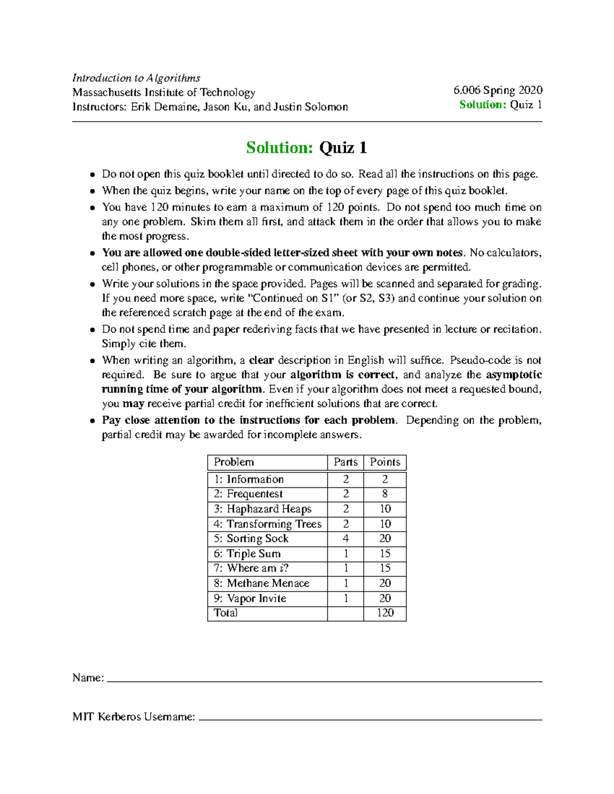 6.006 Spring 2020 Solution: Quiz 1 on Introduction to Algorithms - Studocu