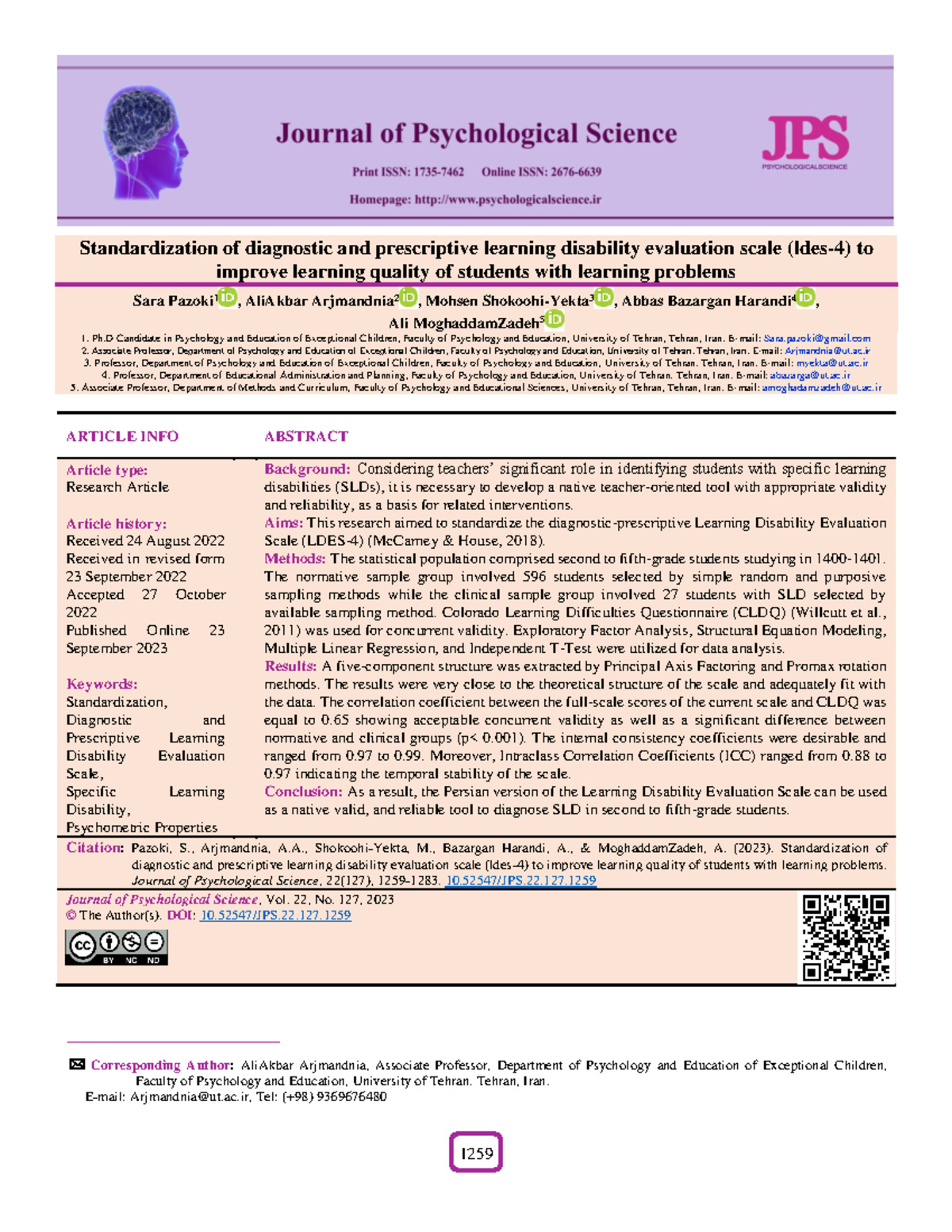 Standardization of Learning Disability Evaluation Scale for SLD ...