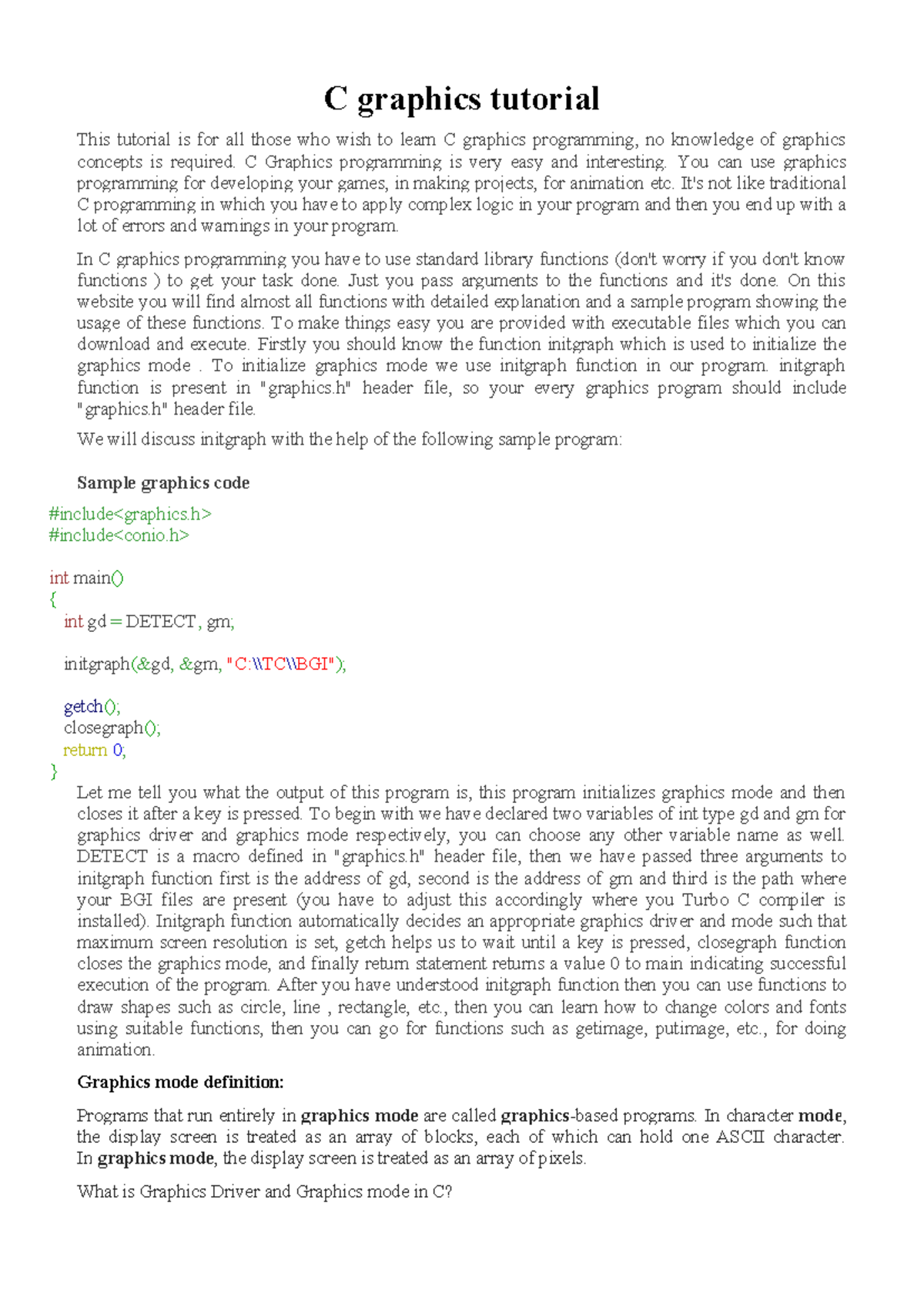 C Graphics Programming Tutorial: A Beginner's Guide - Studocu