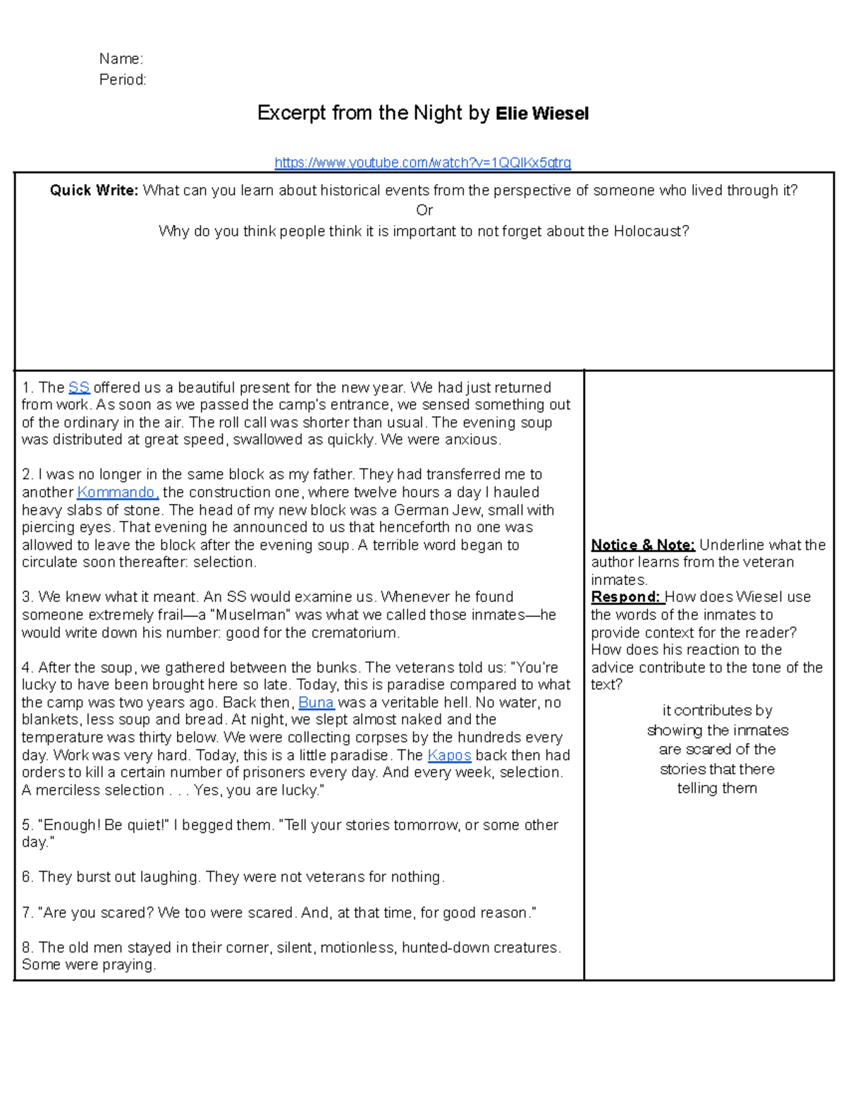 Excerpt from Night: Insights on the Holocaust Experience - Studocu