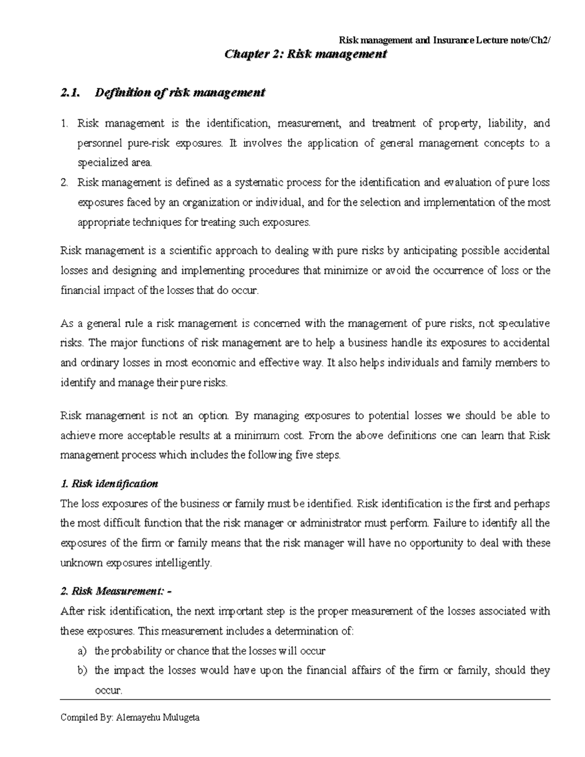 Risk Management and Insurance Lecture: Chapter 2 Overview and Key ...