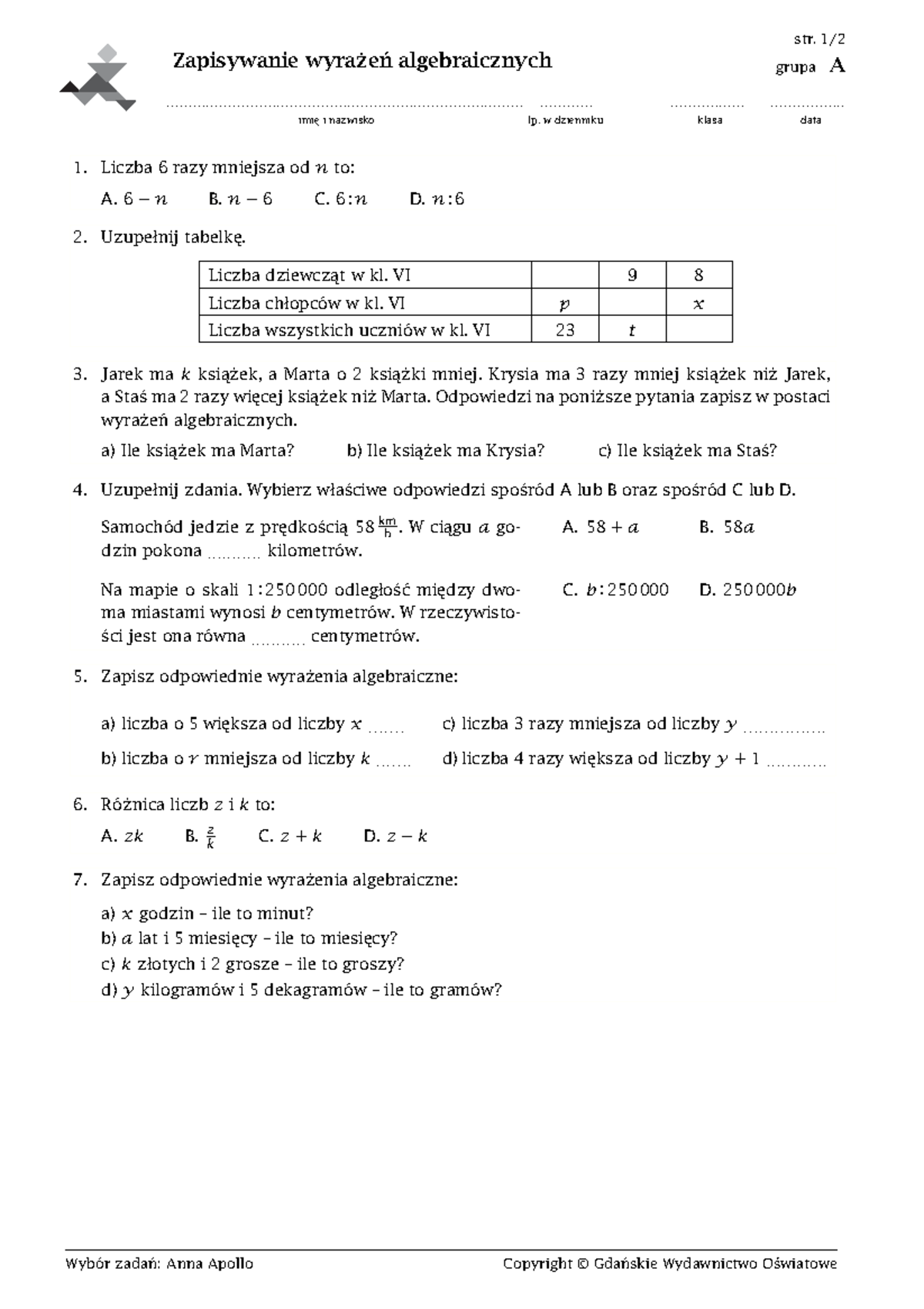 8.1 Zapisywanie wyrazen algebraicznych 3 - Zapisywanie wyrażeń ...
