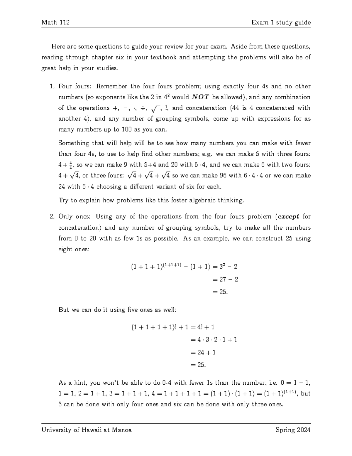Math 112 Exam 1 Study Guide - Spring 2024: Key Review Questions - Studocu