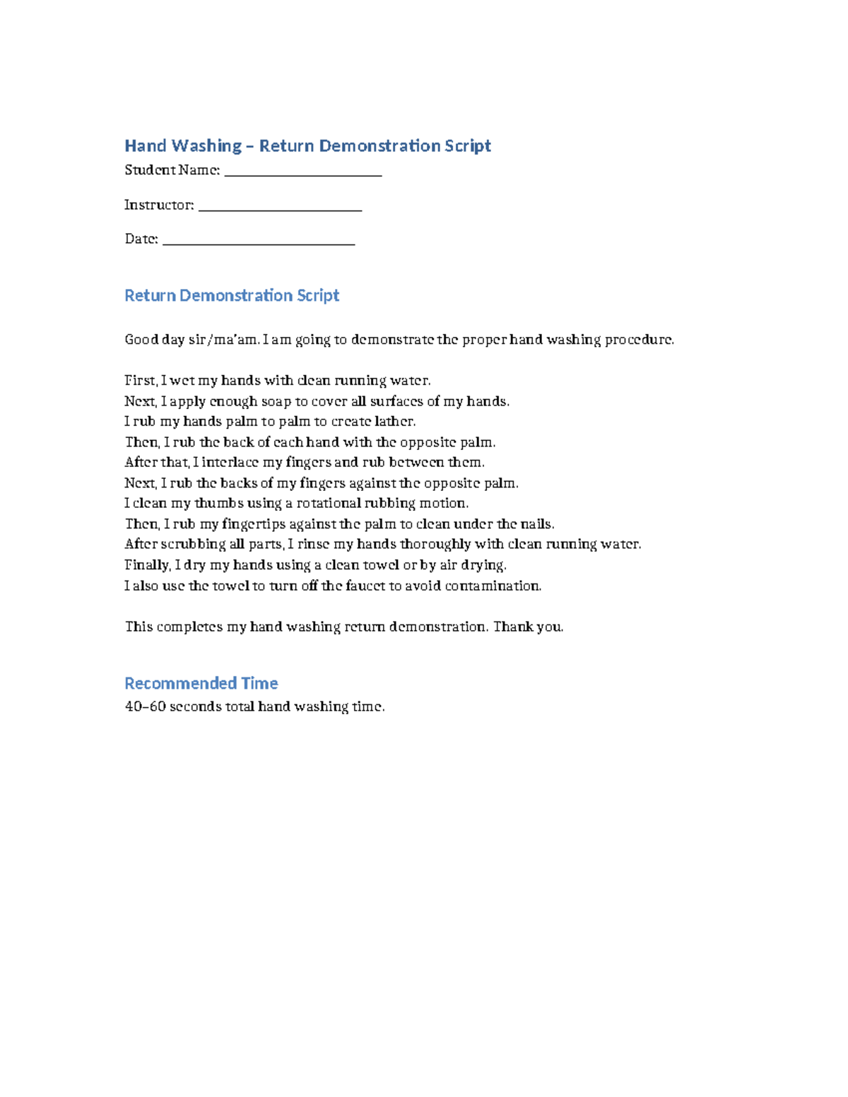 Nursing 101: Hand Washing Return Demonstration Script - Studocu