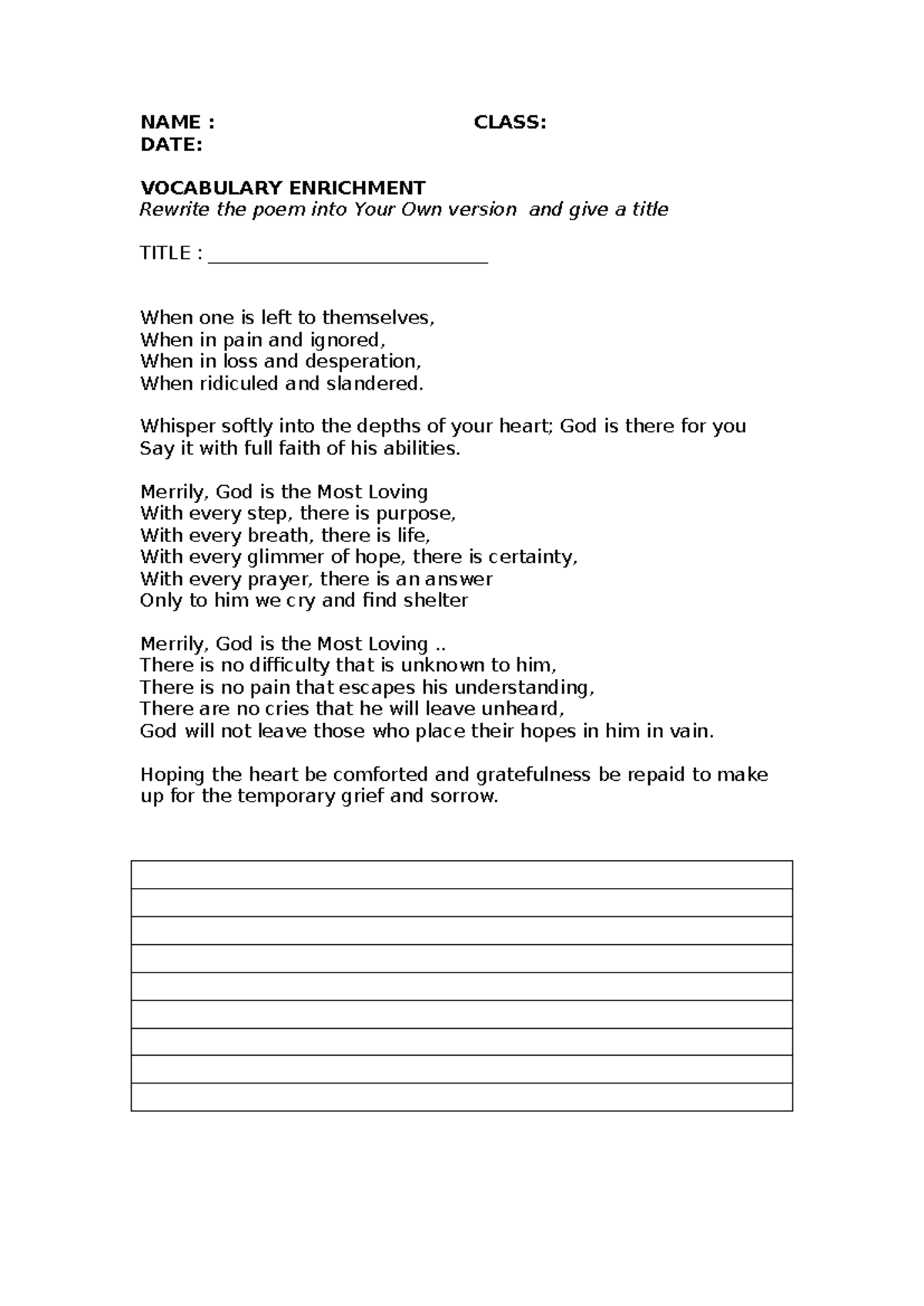Vocabulary enrichment: Poem rewrite and personal interpretation - Studocu