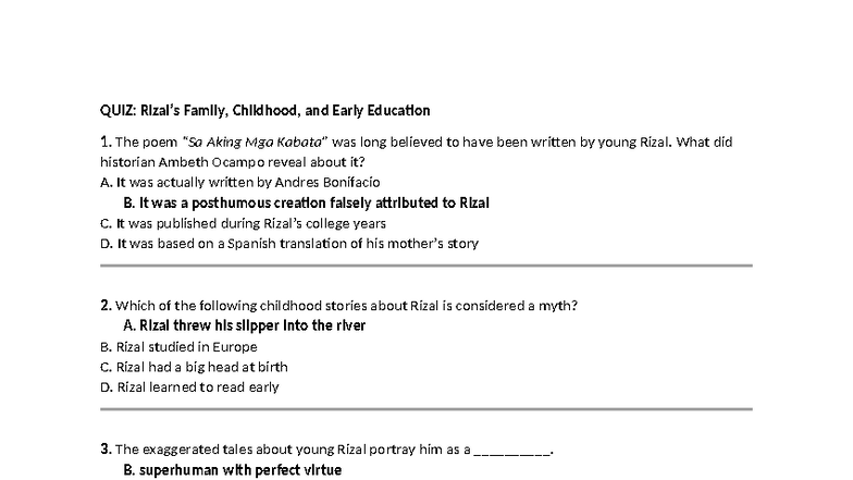 QUIZ - Short quiz - QUIZ: Rizal’s Family, Childhood, and Early ...